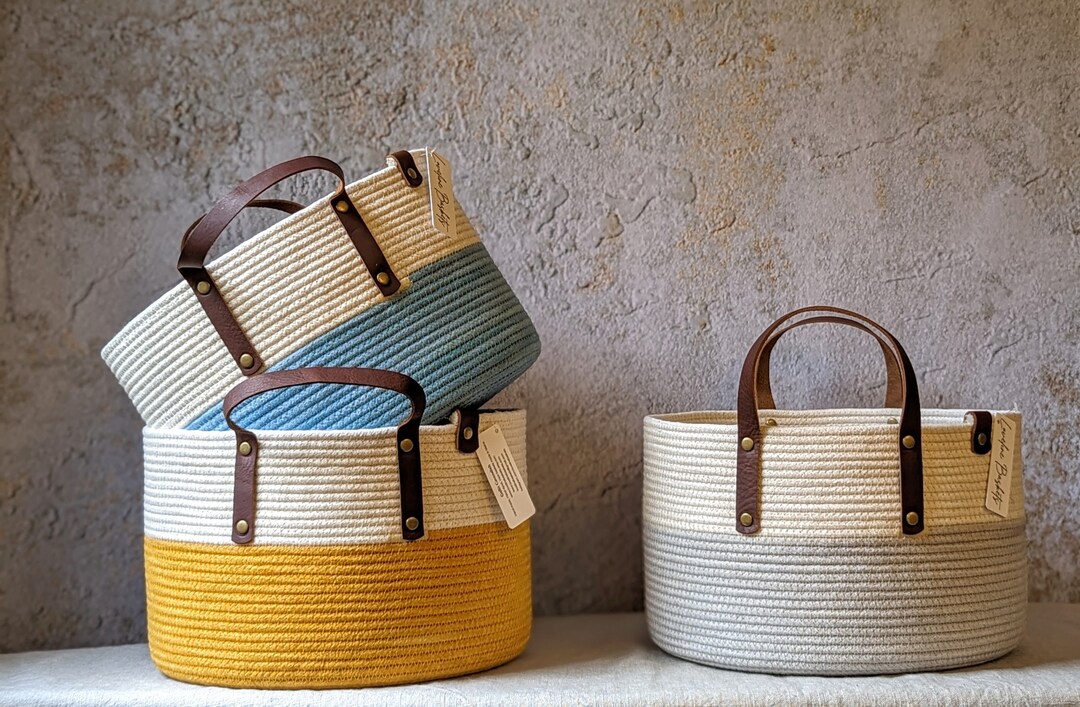 Rope Basket, Made in Maine, Basket With Leather Handles, Knitting ...