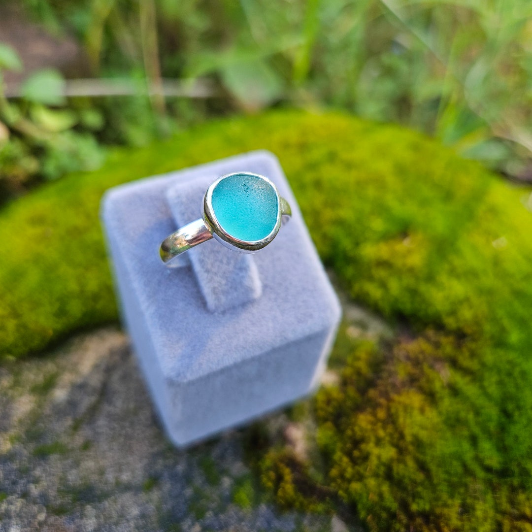 Teal Sea Glass Ring, Bezel Sea Glass Ring, Mermaid Ring, Sea Glass Ring ...
