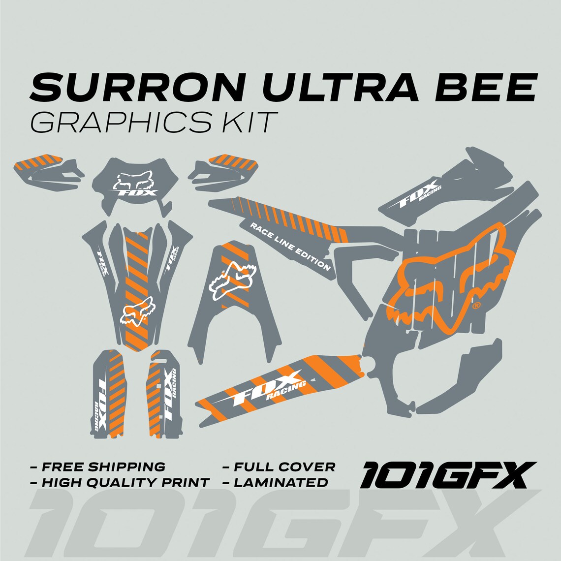 Surron Ultra Bee Graphics Kit FOX RACE LINE Grey Orange Decals Stickers ...