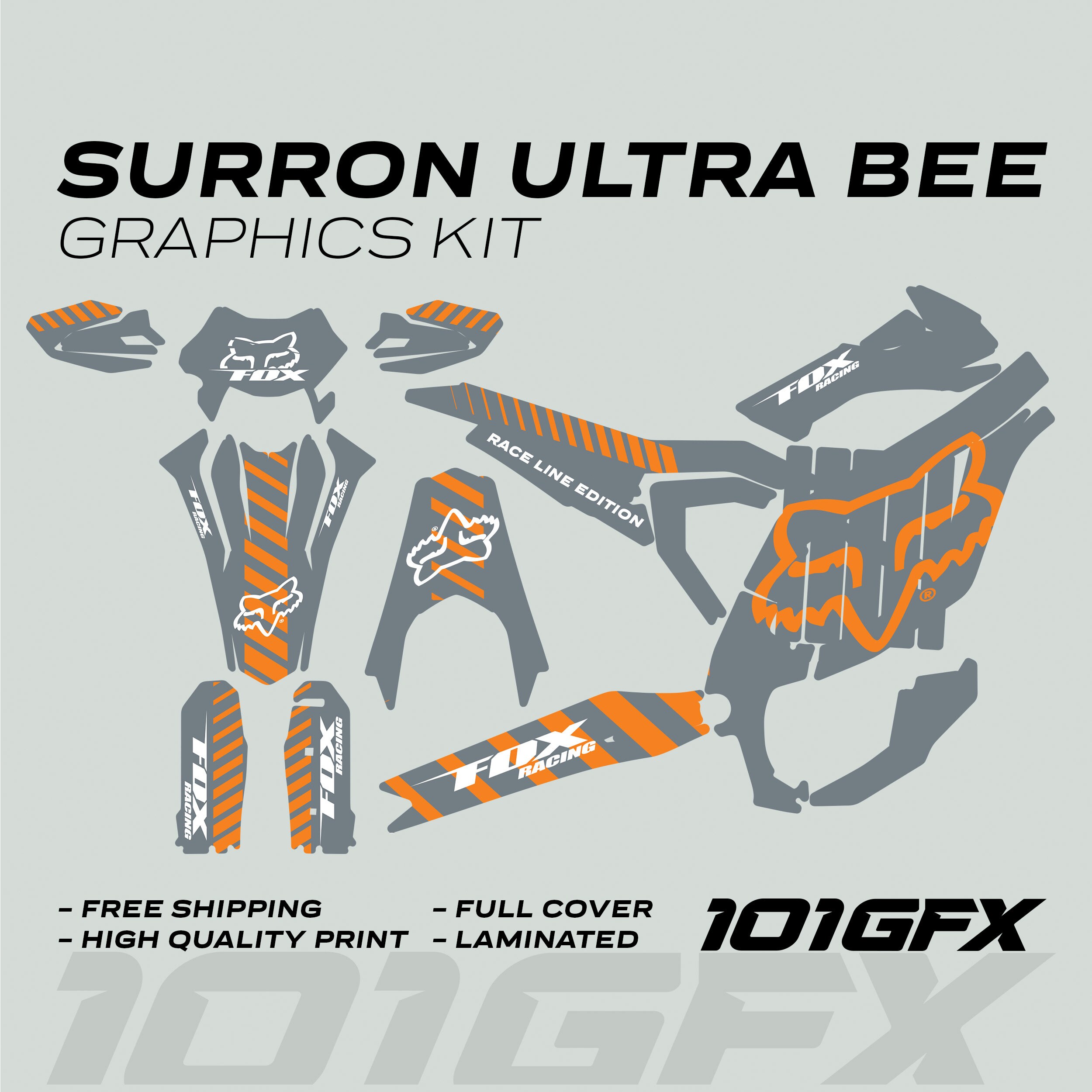 Surron Ultra Bee Graphics Kit FOX RACE LINE Grey Orange Decals Stickers ...