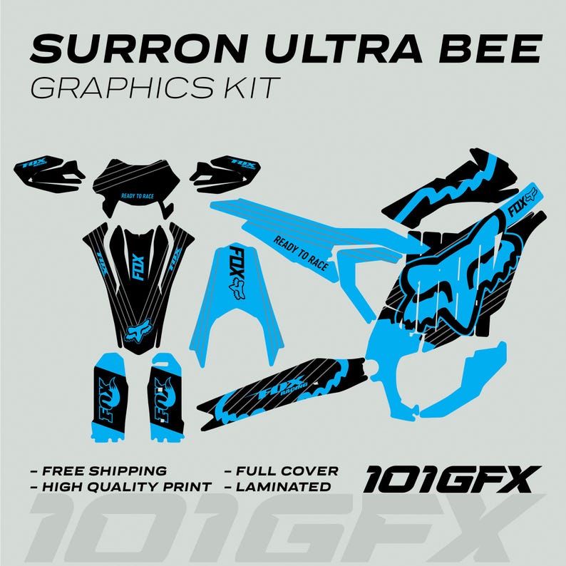 Surron Ultra Bee Graphics Kit FOX STRIPES Black Cyan Decals Stickers ...