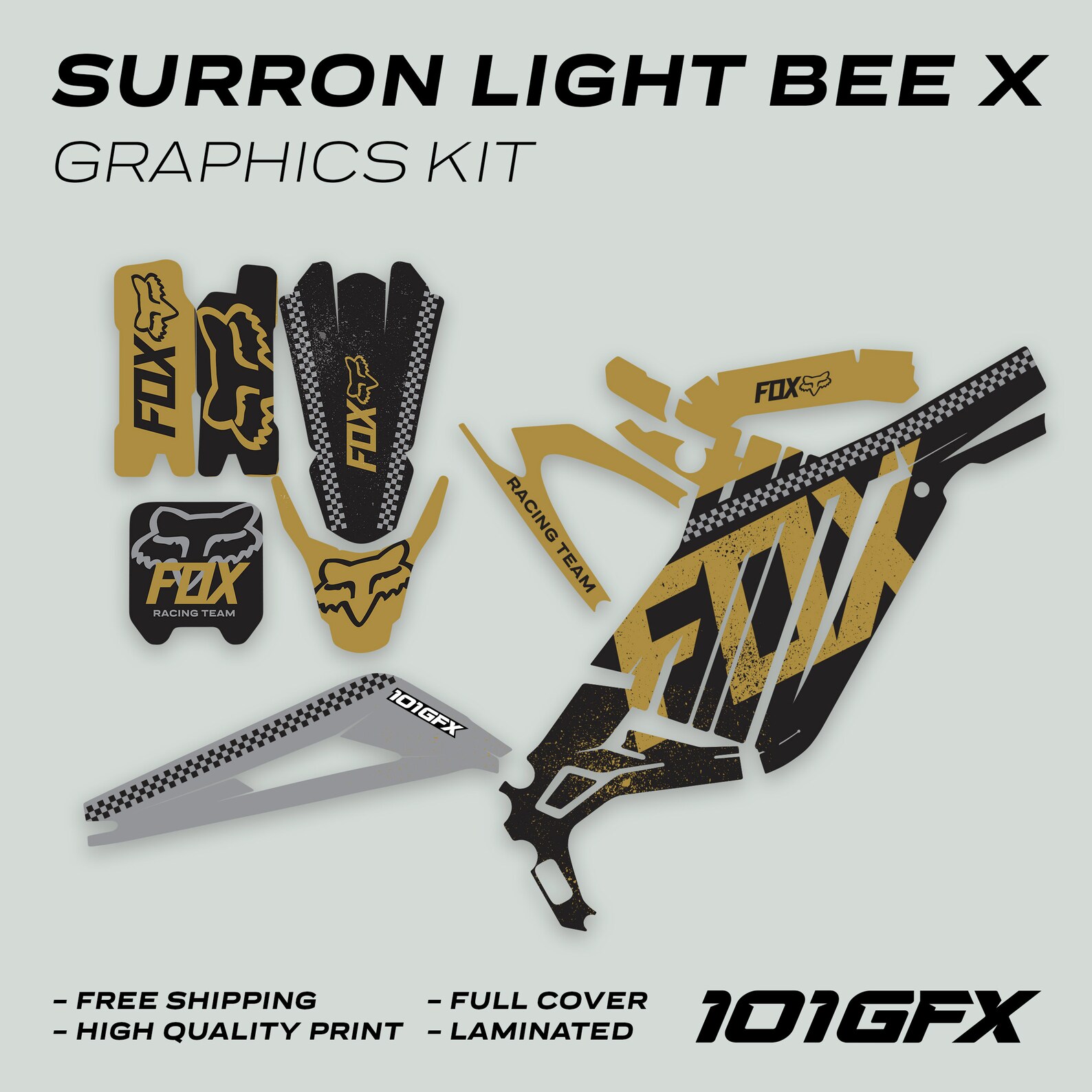 Surron Light Bee X Graphics Kit FOX DUST Black Gold Decals Stickers ...