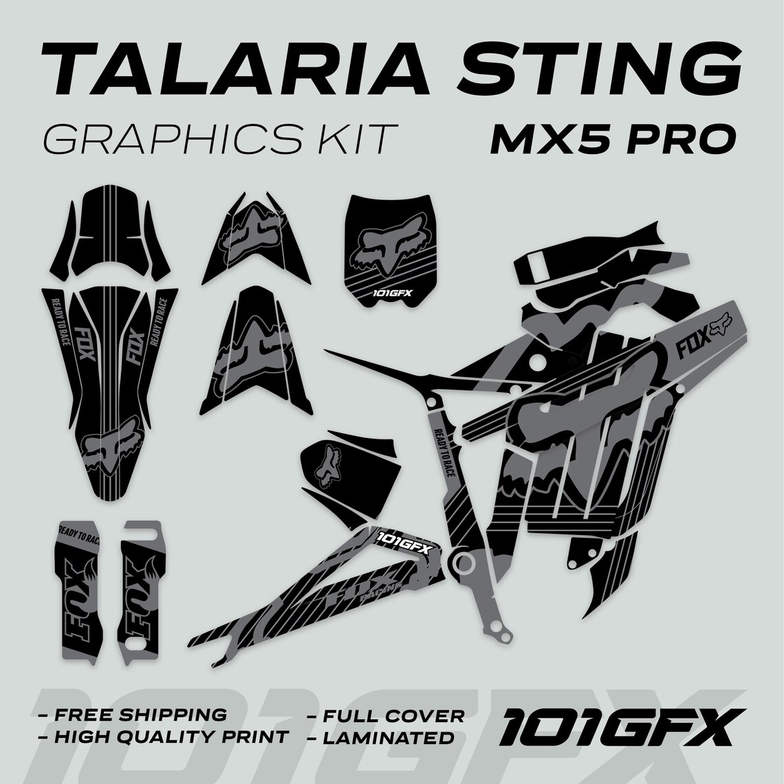 Talaria Sting MX5 Graphics Kit FOX STRIPES Black Grey Decals Stickers ...