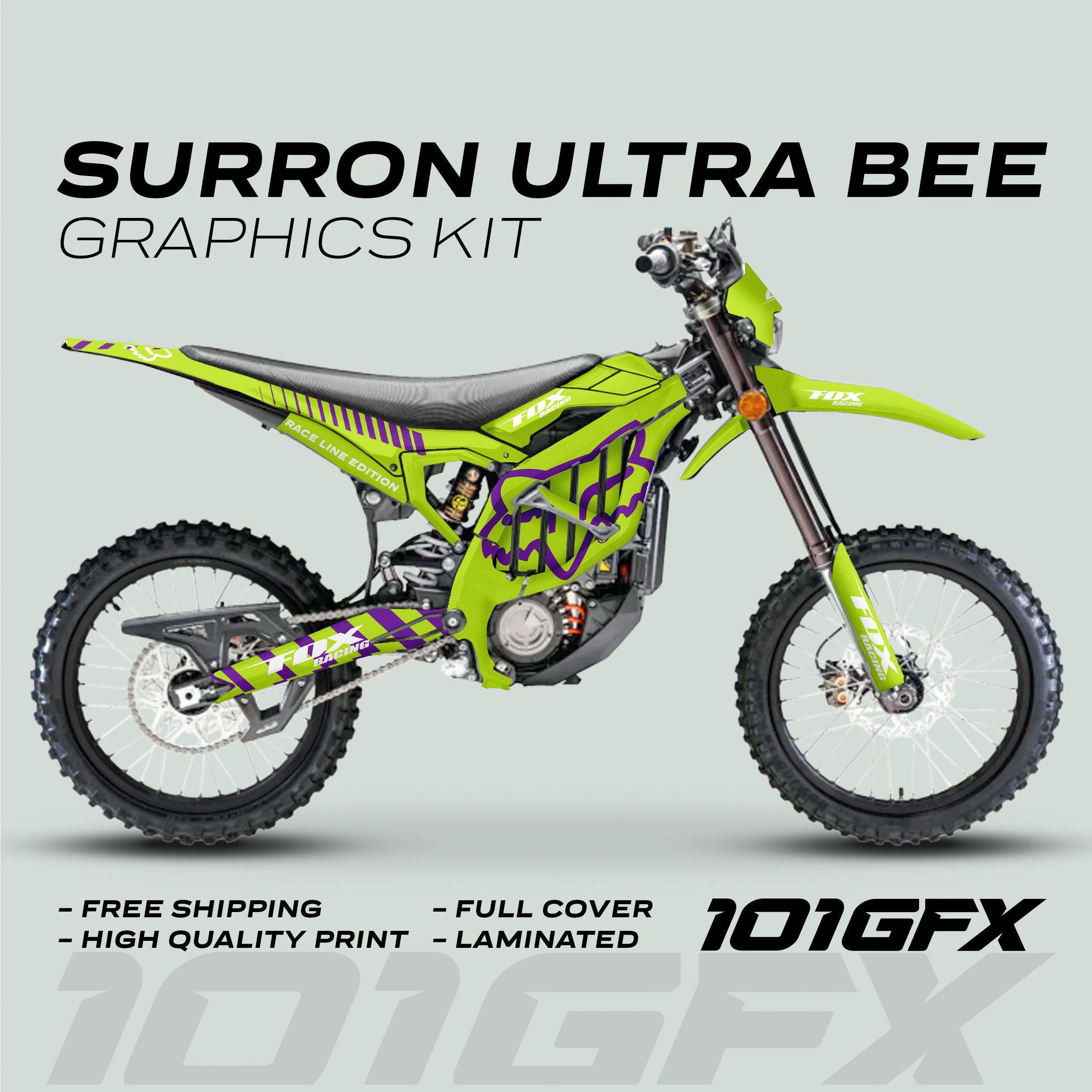 Surron Ultra Bee Graphics Kit FOX RACE LINE Green Purple Decals ...