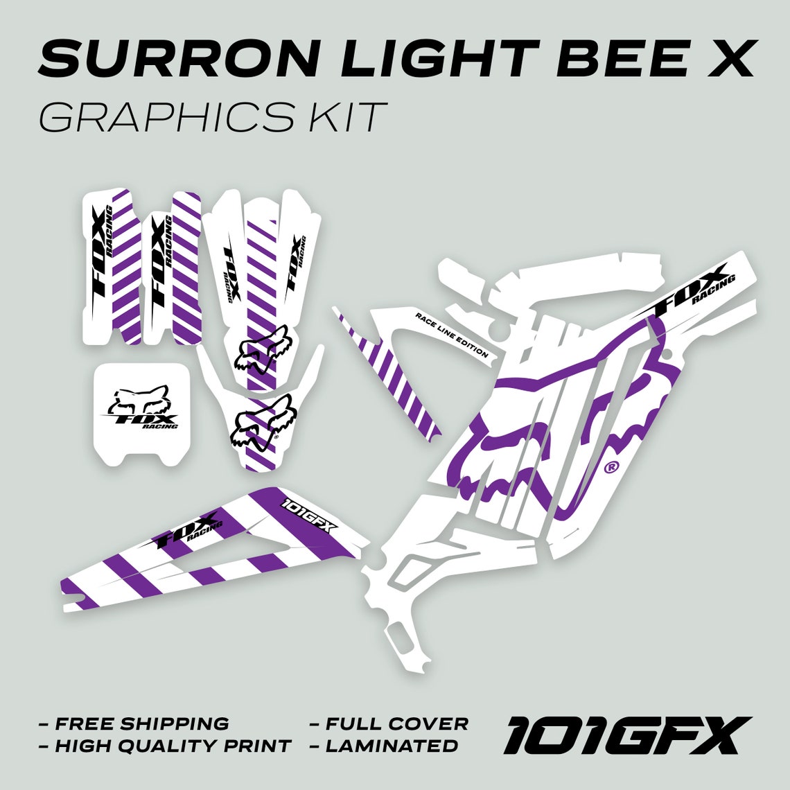 Surron Light Bee X Graphics Kit FOX RACE LINE White Purple Decals ...