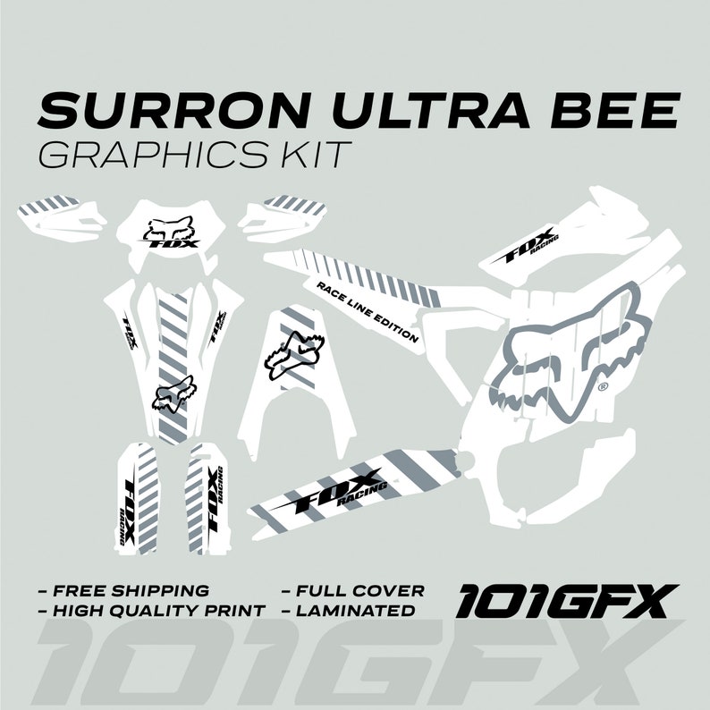 Surron Ultra Bee Graphics Kit FOX RACE LINE White Grey Decals Stickers ...