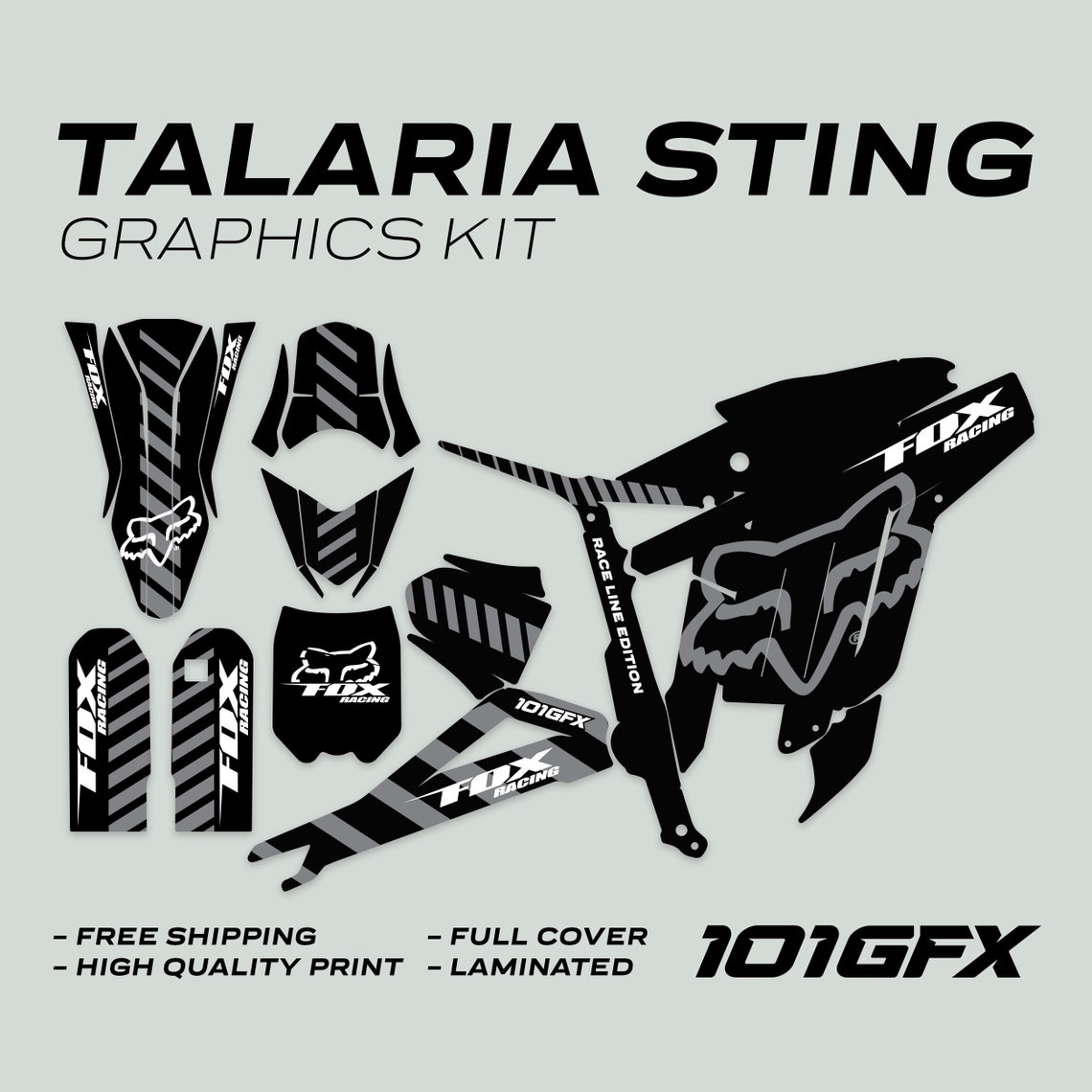 Talaria Sting R Graphics Kit FOX Raceline BLACK GREY Decals Stickers ...