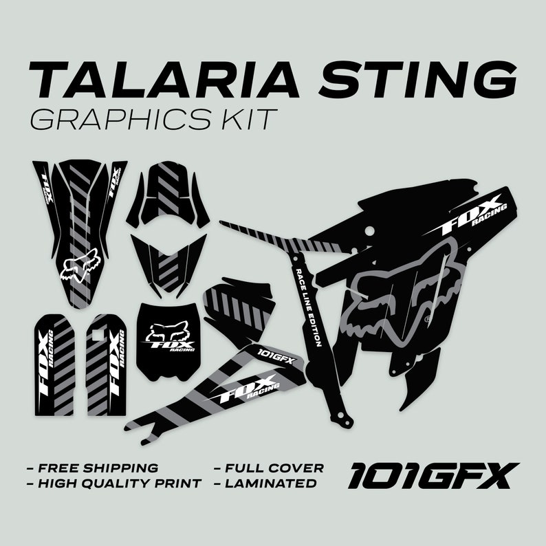 Talaria Sting R Graphics Kit FOX Raceline BLACK GREY Decals Stickers ...