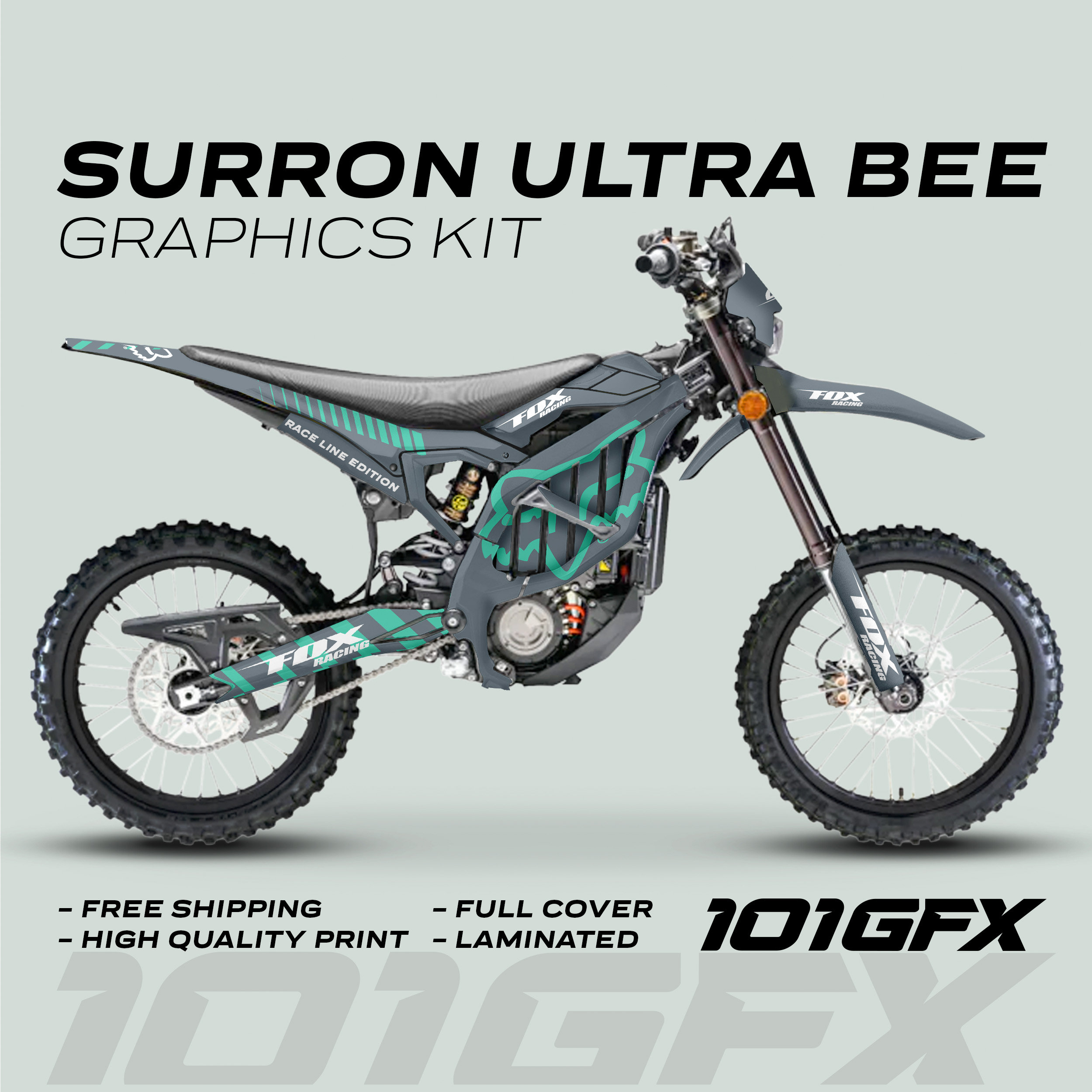 Surron Ultra Bee Graphics Kit FOX RACE LINE Grey Mint Decals Stickers ...