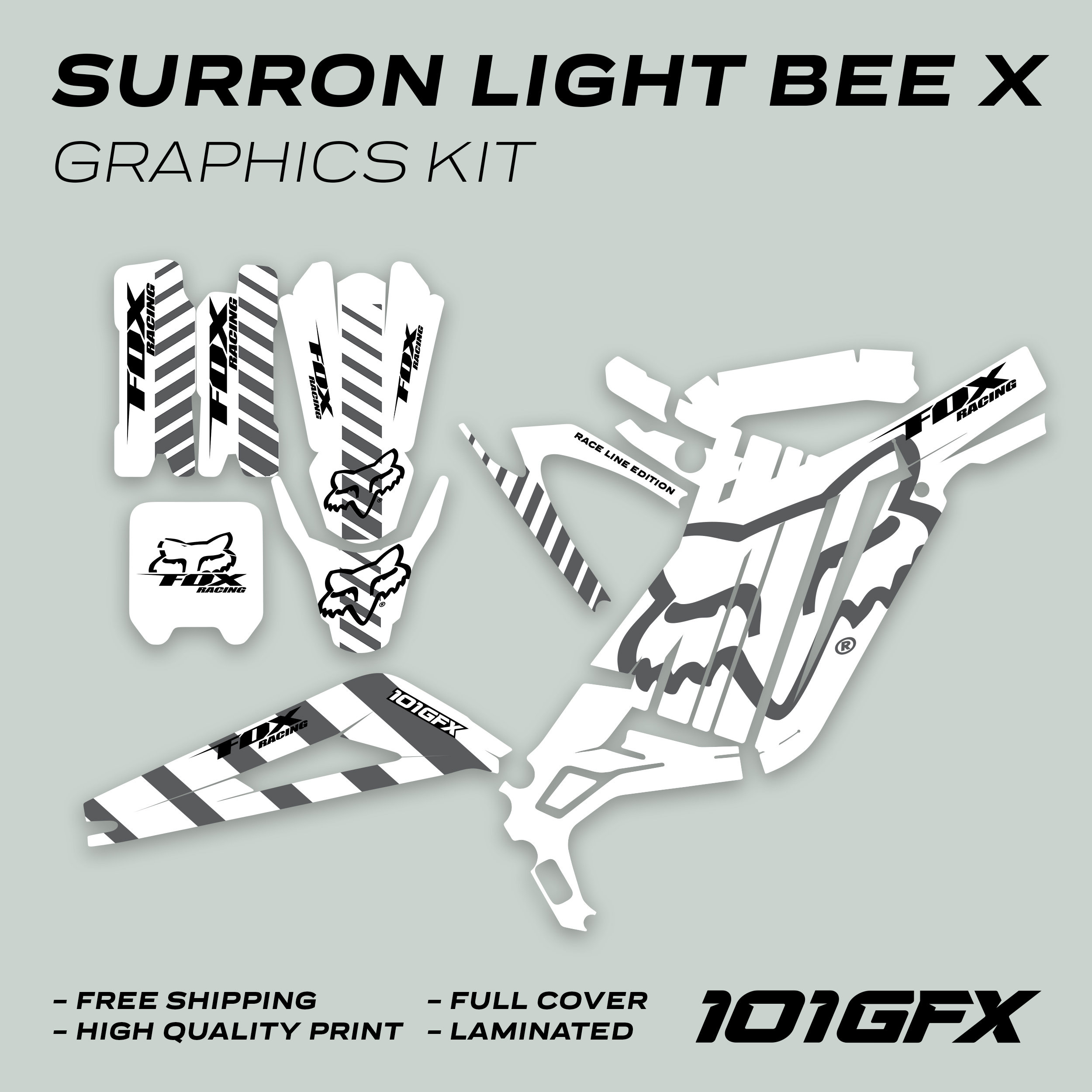 Surron Light Bee X Graphics Kit FOX RACE LINE White Grey Decals ...