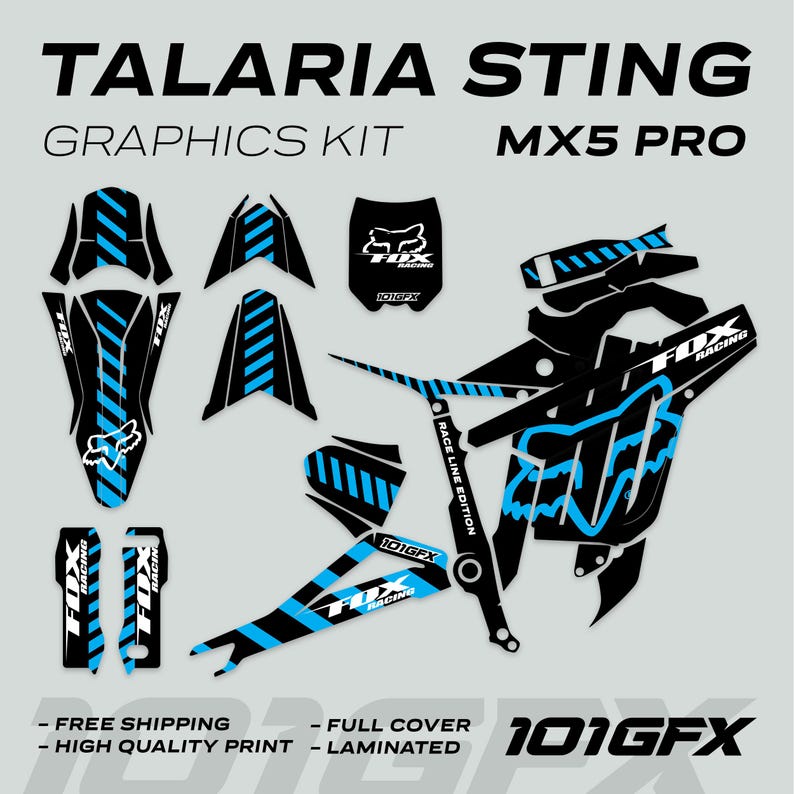 Talaria Sting MX5 PRO Graphics Kit FOX RACELINE Black Cyan Decals ...