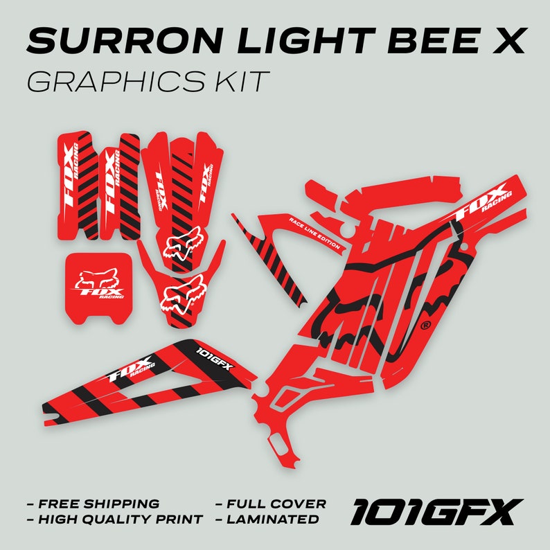Surron Light Bee X Graphics Kit FOX RACE LINE Red Black Decals Stickers ...