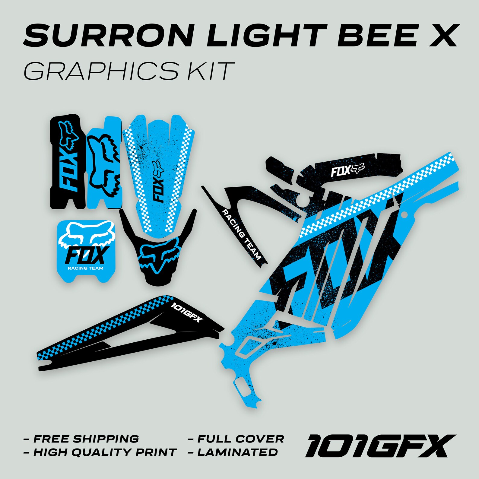 Surron Light Bee X Graphics Kit FOX DUST Cyan Black Decals Stickers ...