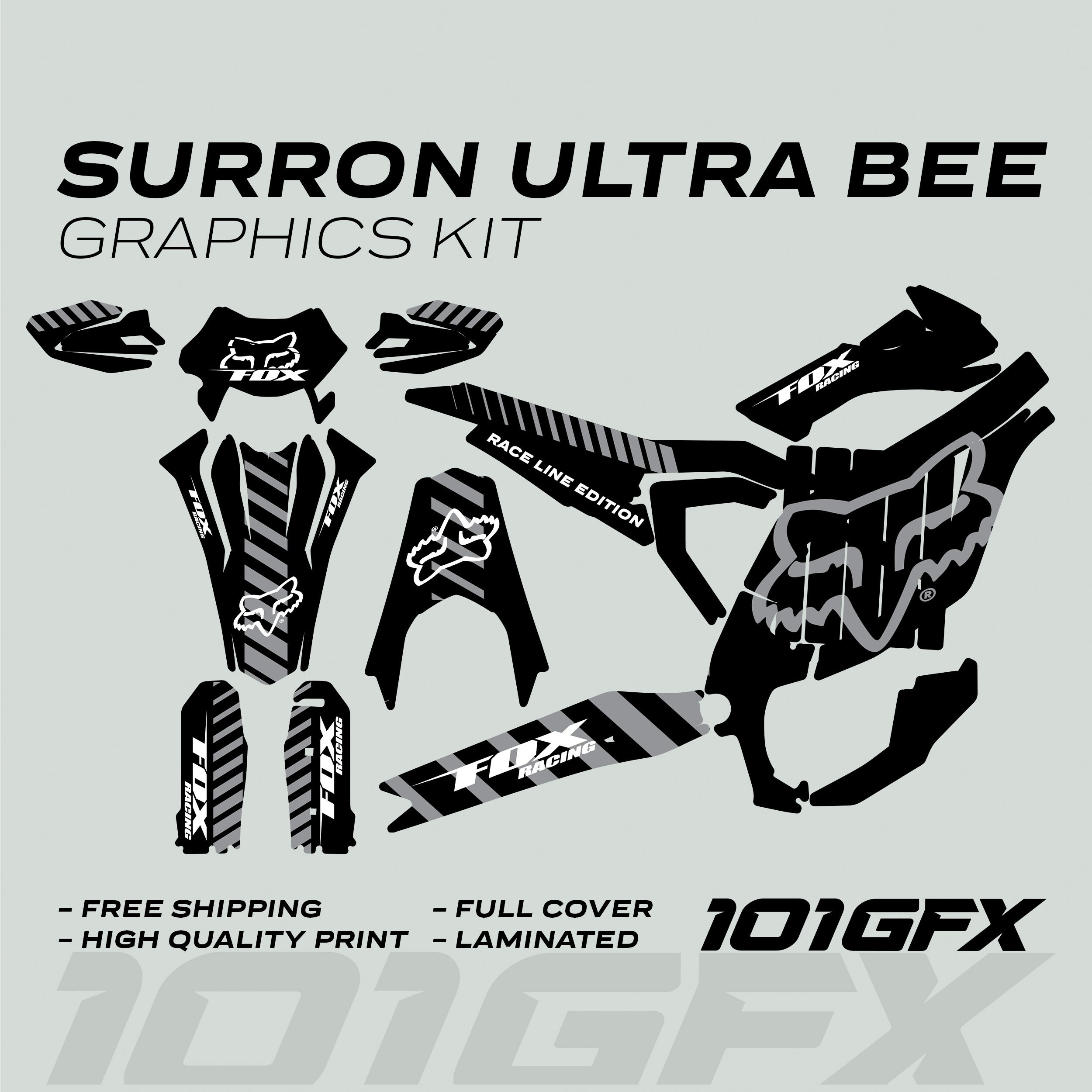 Surron Ultra Bee Graphics Kit FOX RACE LINE Black Grey Decals Stickers ...