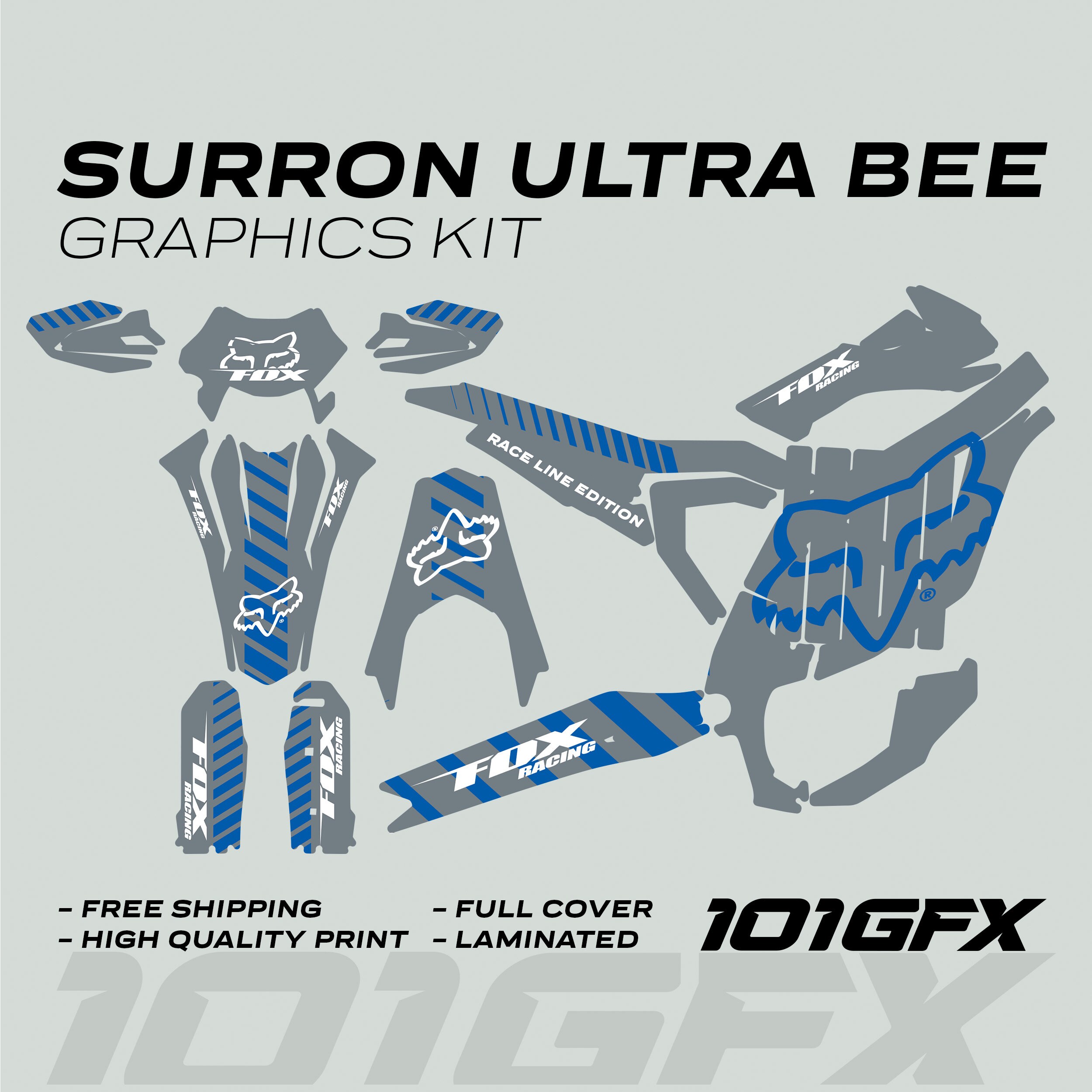 Surron Ultra Bee Graphics Kit FOX RACE LINE Grey Blue Decals Stickers ...