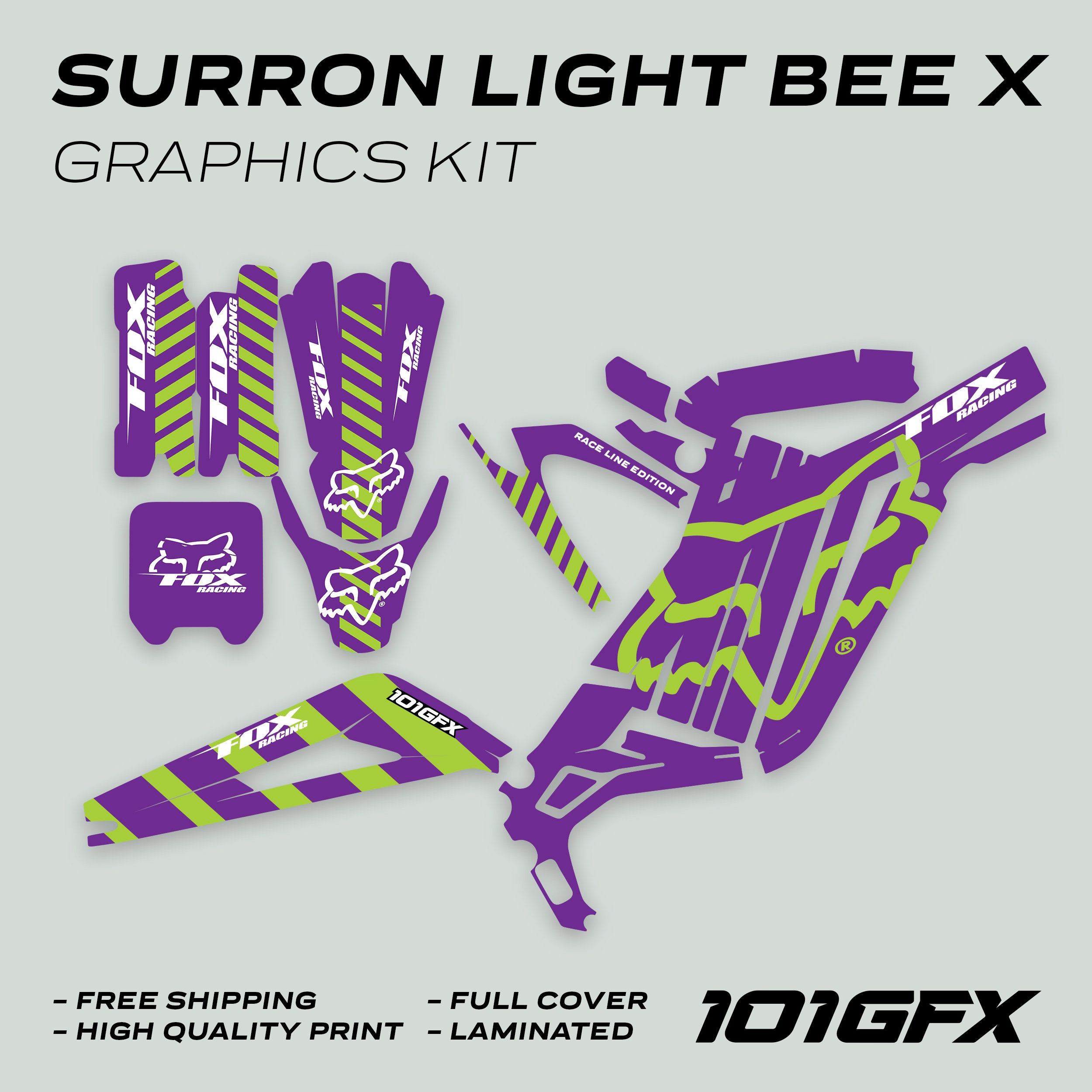 Surron Light Bee X Graphics Kit FOX RACE LINE Purple Green Decals ...