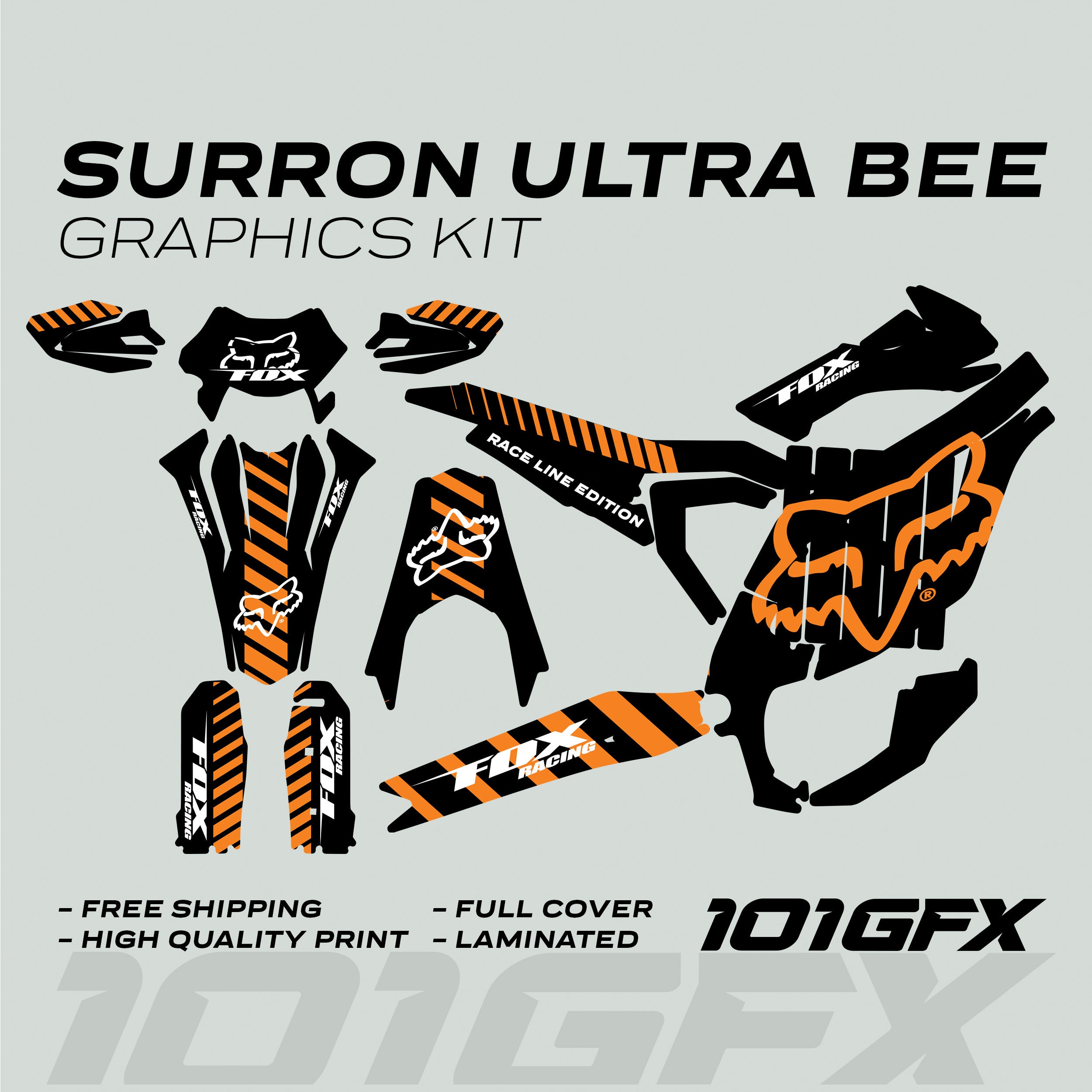 Surron Ultra Bee Graphics Kit FOX RACE LINE Black Orange Decals ...