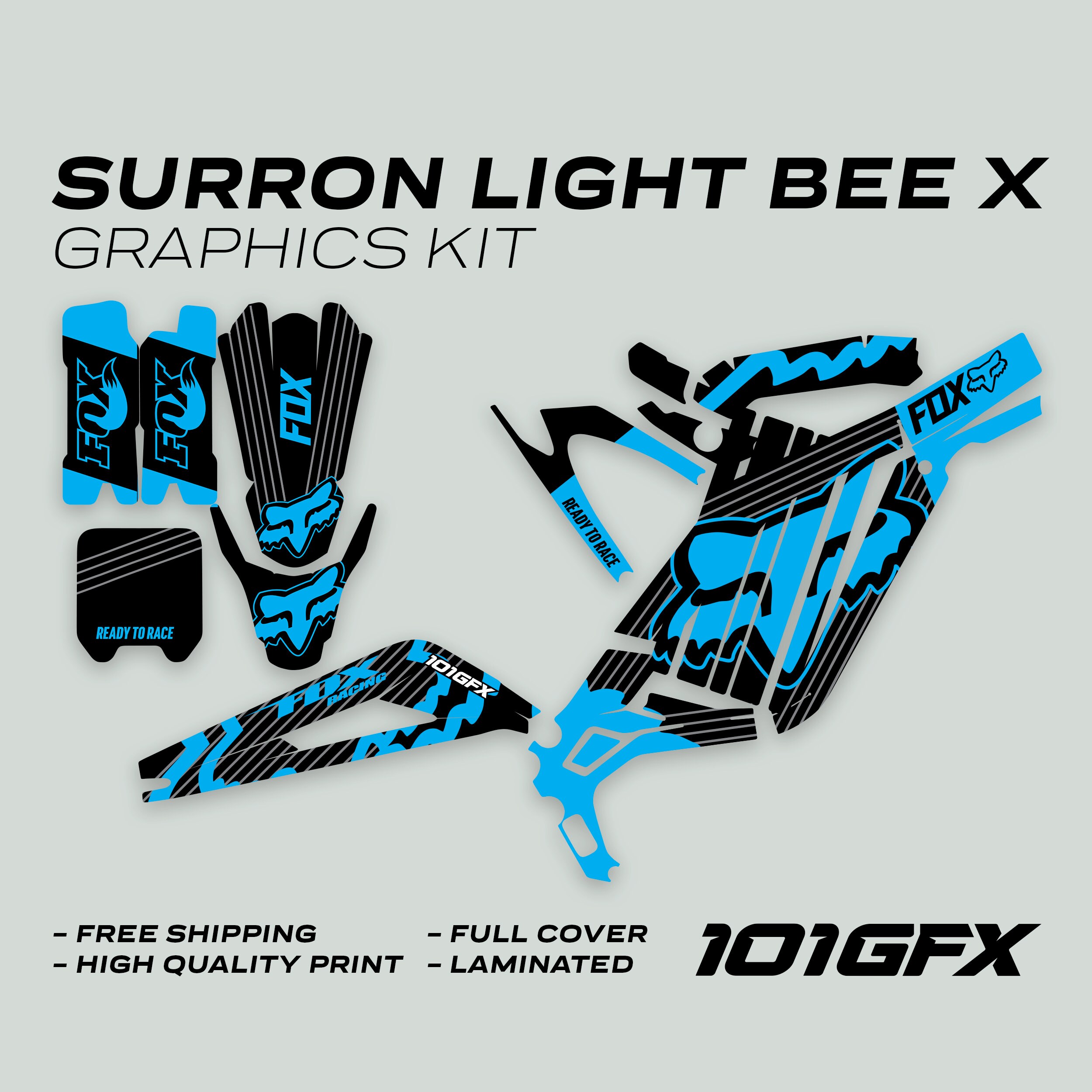 Surron Light Bee X Graphics Kit FOX STRIPES BLACK Cyan Decals Stickers ...