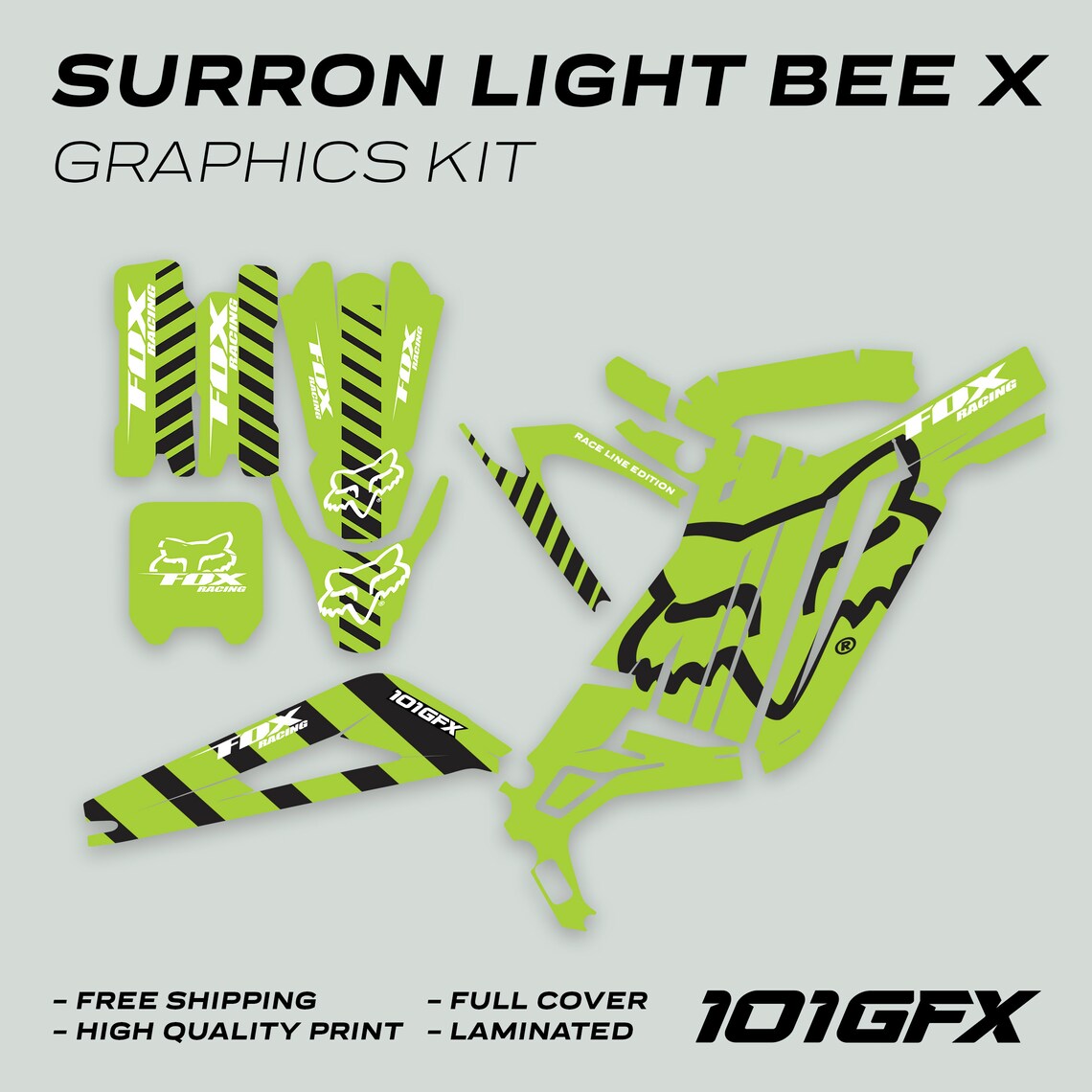 Surron Light Bee X Graphics Kit FOX RACE LINE Green Black Decals ...