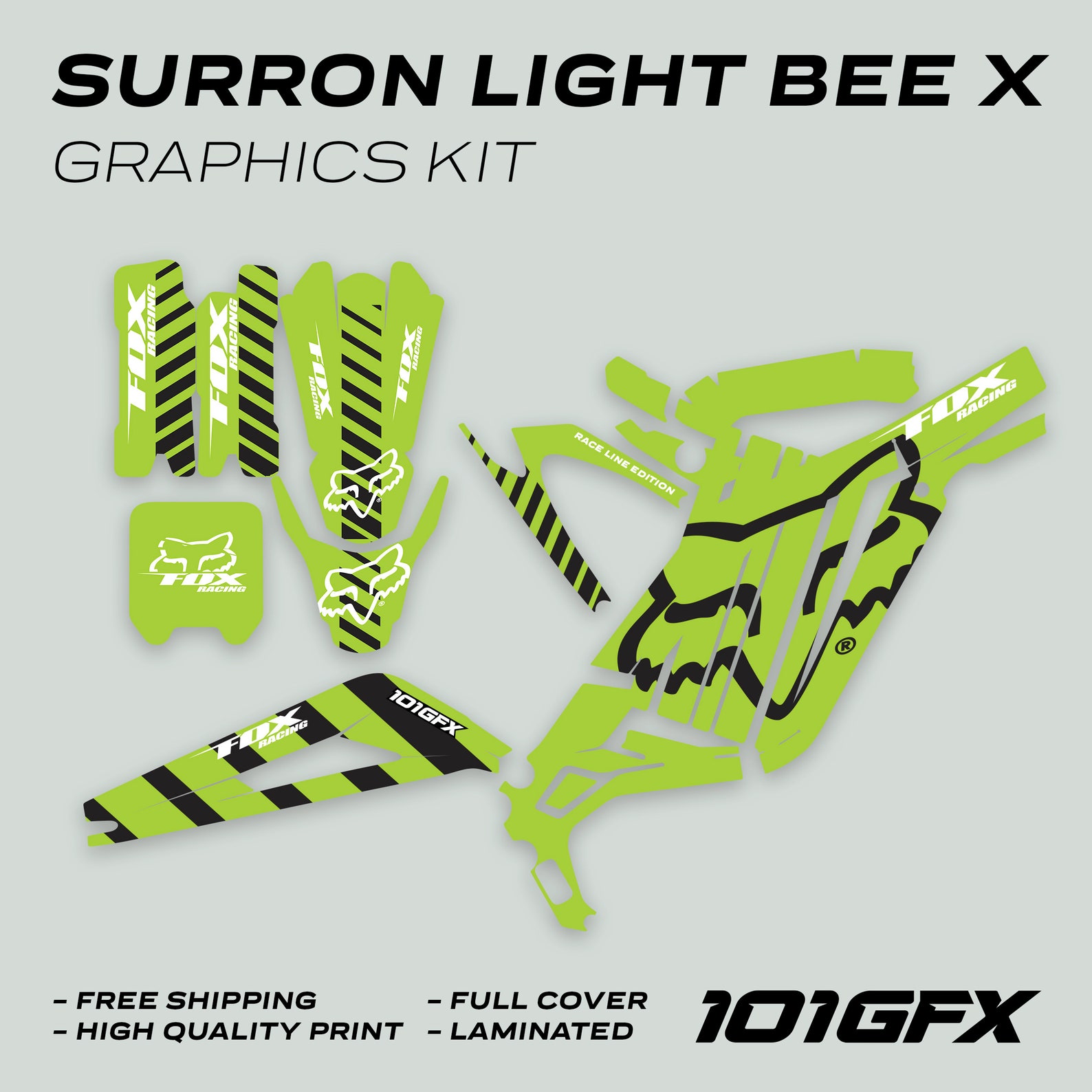 Surron Light Bee X Graphics Kit FOX RACE LINE Green Black Decals ...