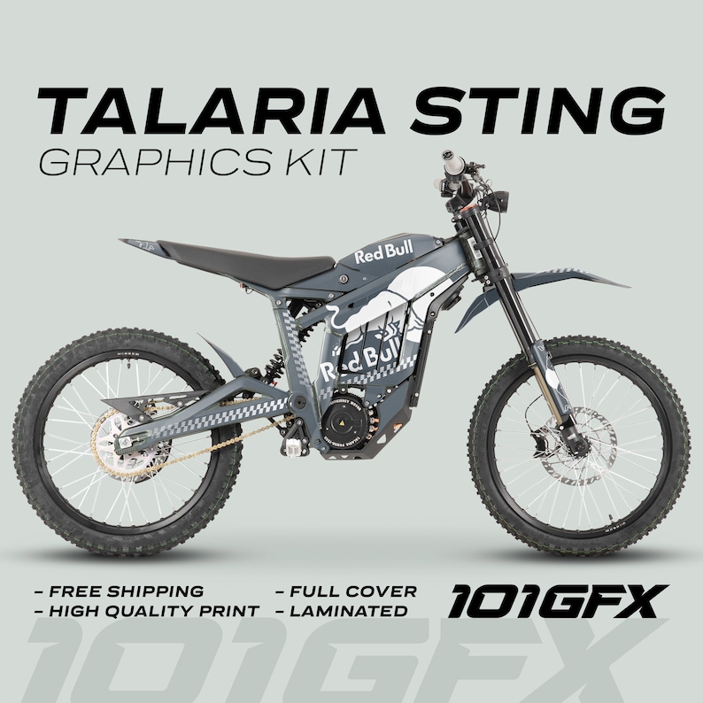 Talaria Sting R Graphics Kit REDBULL MONO Grey White Decals Stickers Laminated Red Bull Ebike ...