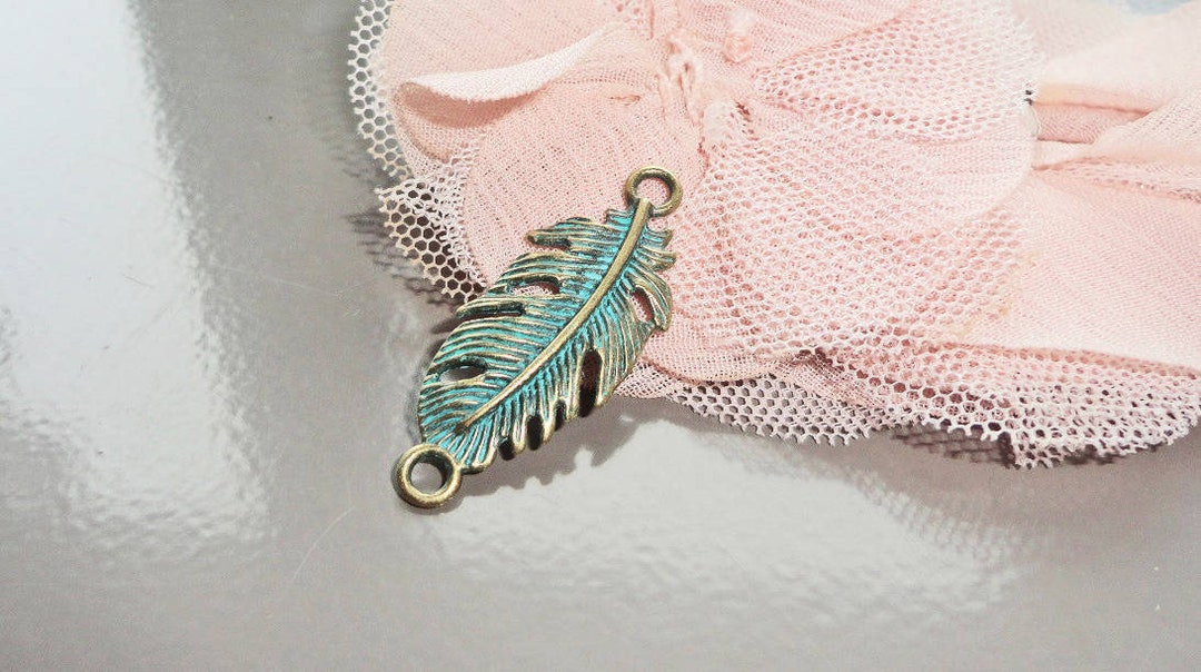 Bronze Feather Connector, Feather Connector, Green Patina, Pearl, Metal ...
