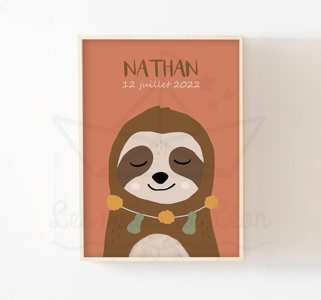 Personalized Boho Sloth Poster A4 21x29.7cm OR 13x18cm Mixed Baby ...