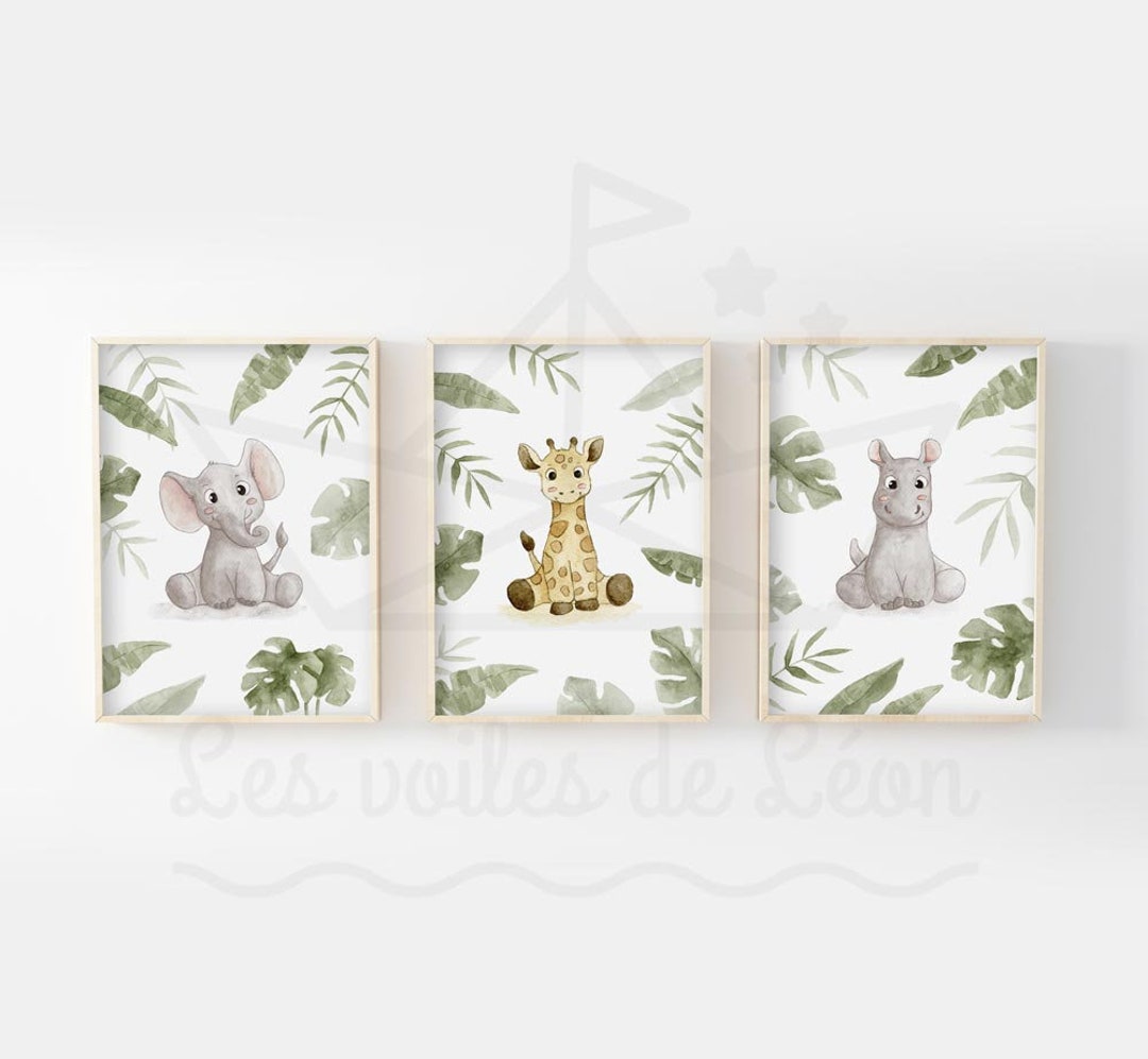 Lot 3 affiches aquarelles safari bébé A4(21x29,7cm) OU 13x18cm posters ...