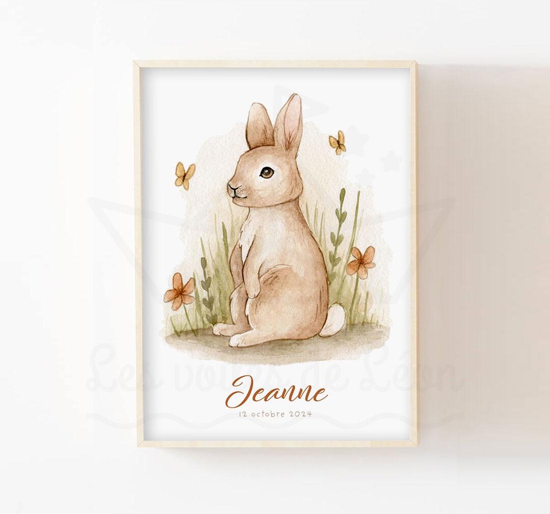 Affiche prénom bébé lapin illustration animaux forêt affiche murale ...
