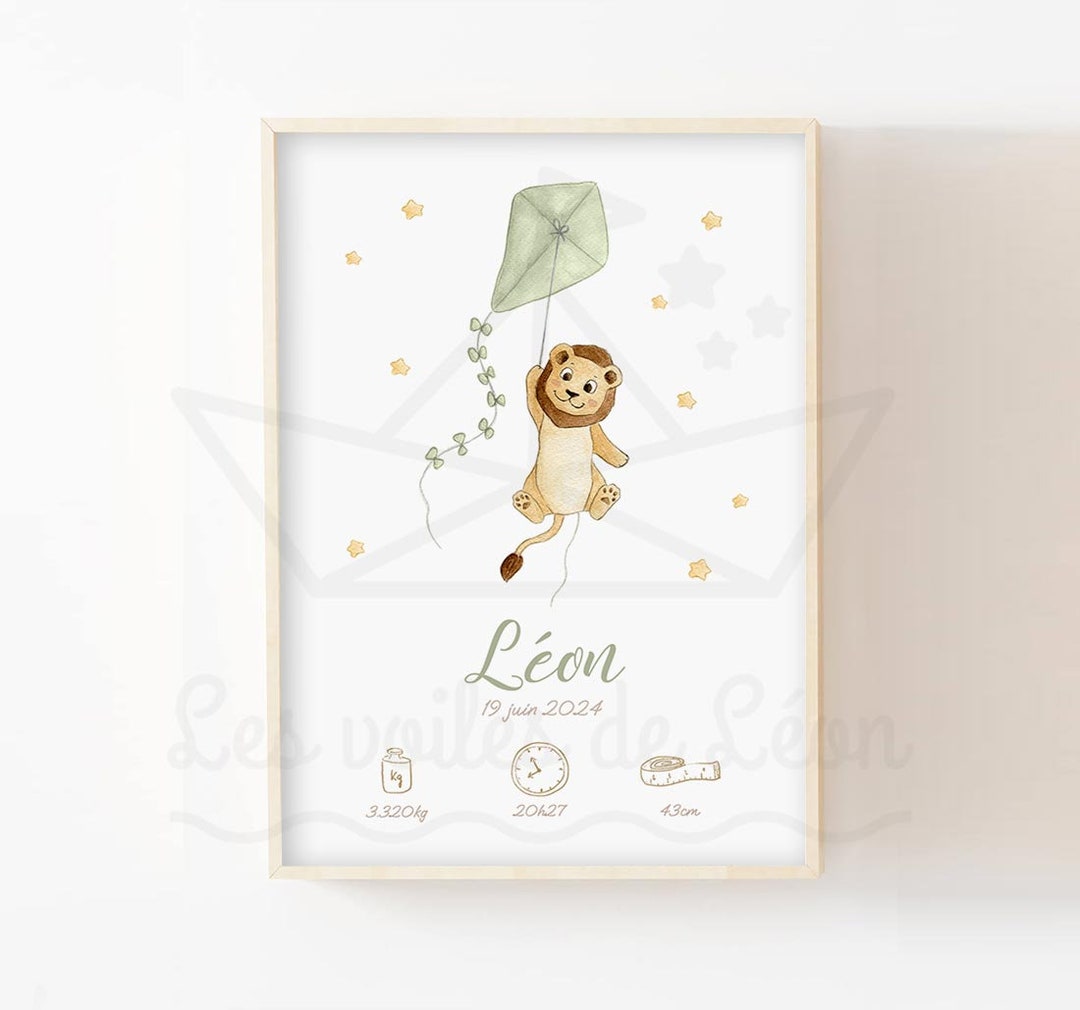 Baby Lion Kite Watercolor Name Poster A4 (21x29.7cm) or 13x18cm Wall ...