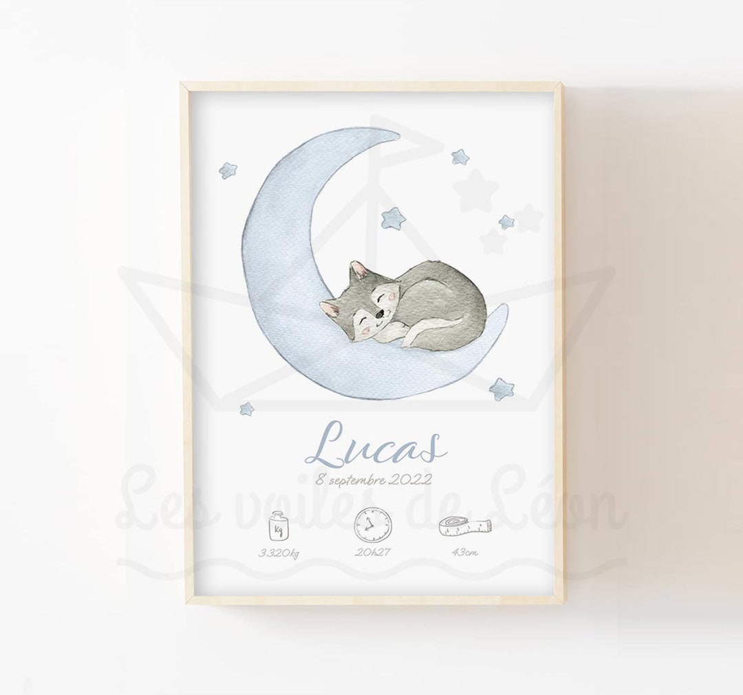 Baby Wolf Birth Announcement Poster, Watercolor Stars and Moon, Nursery ...