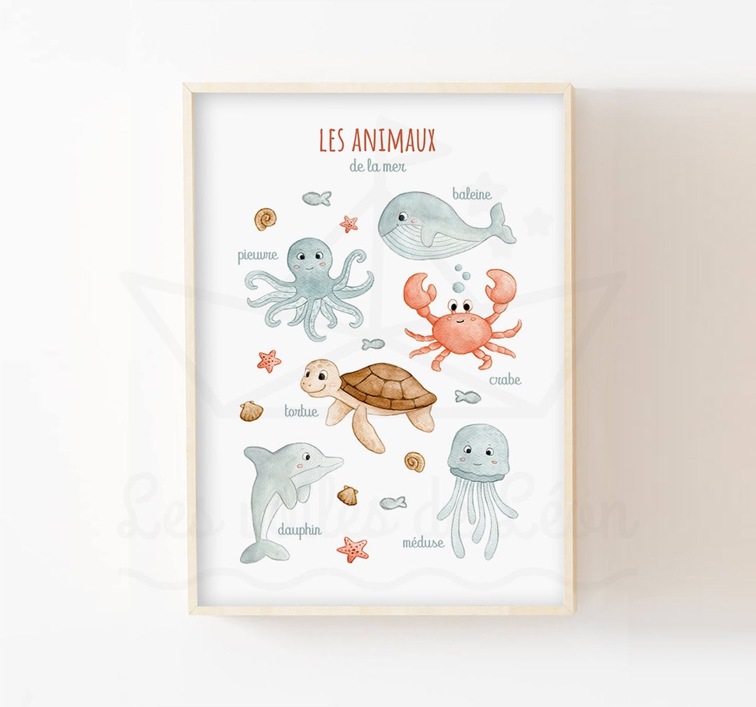 Sea Animals Poster A4 (21x29.7cm) Watercolor Illustration Ocean Child ...