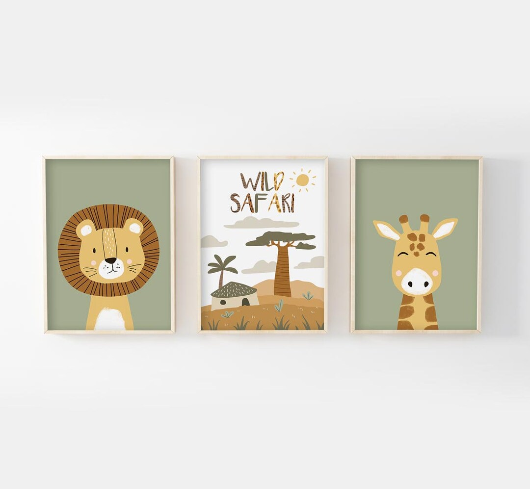 Set of 3 Safari Children's Posters A4 (21x29.7cm) or 13x18cm Lion ...
