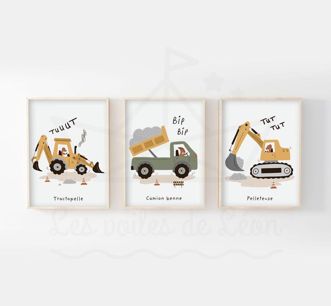 Set of 3 Children's Posters: Construction Vehicles, Wall Decoration for ...