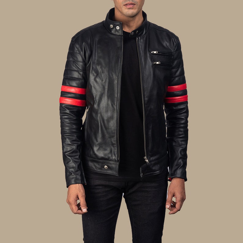 Cafe Racer Biker Jacket Red Stripped Stylish Padded Real - Etsy