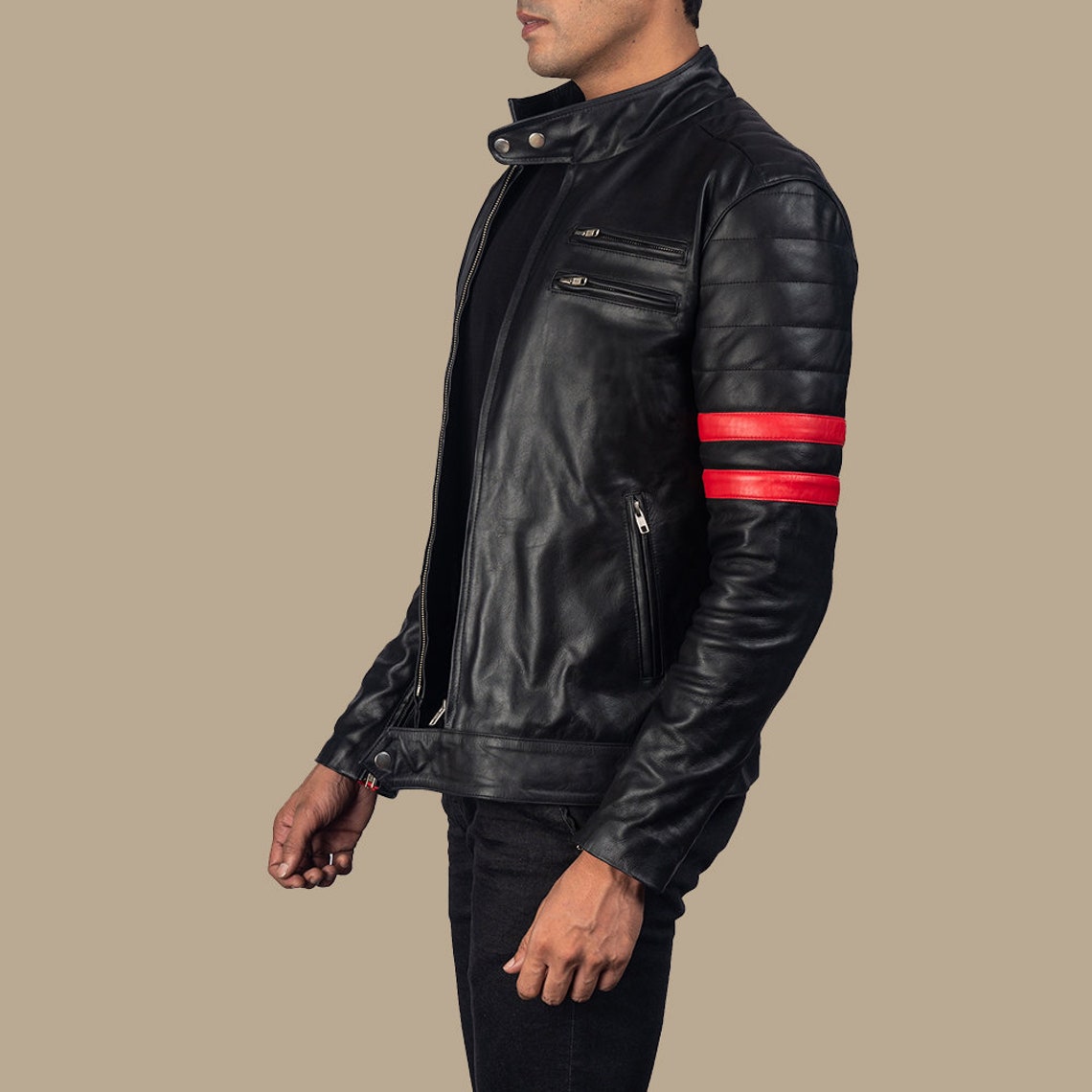 Cafe Racer Biker Jacket Red Stripped Stylish Padded Real - Etsy