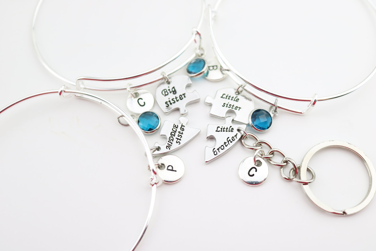 Personalized Sister Brother Bracelet Set of 4: Initial Charm Bangle ...