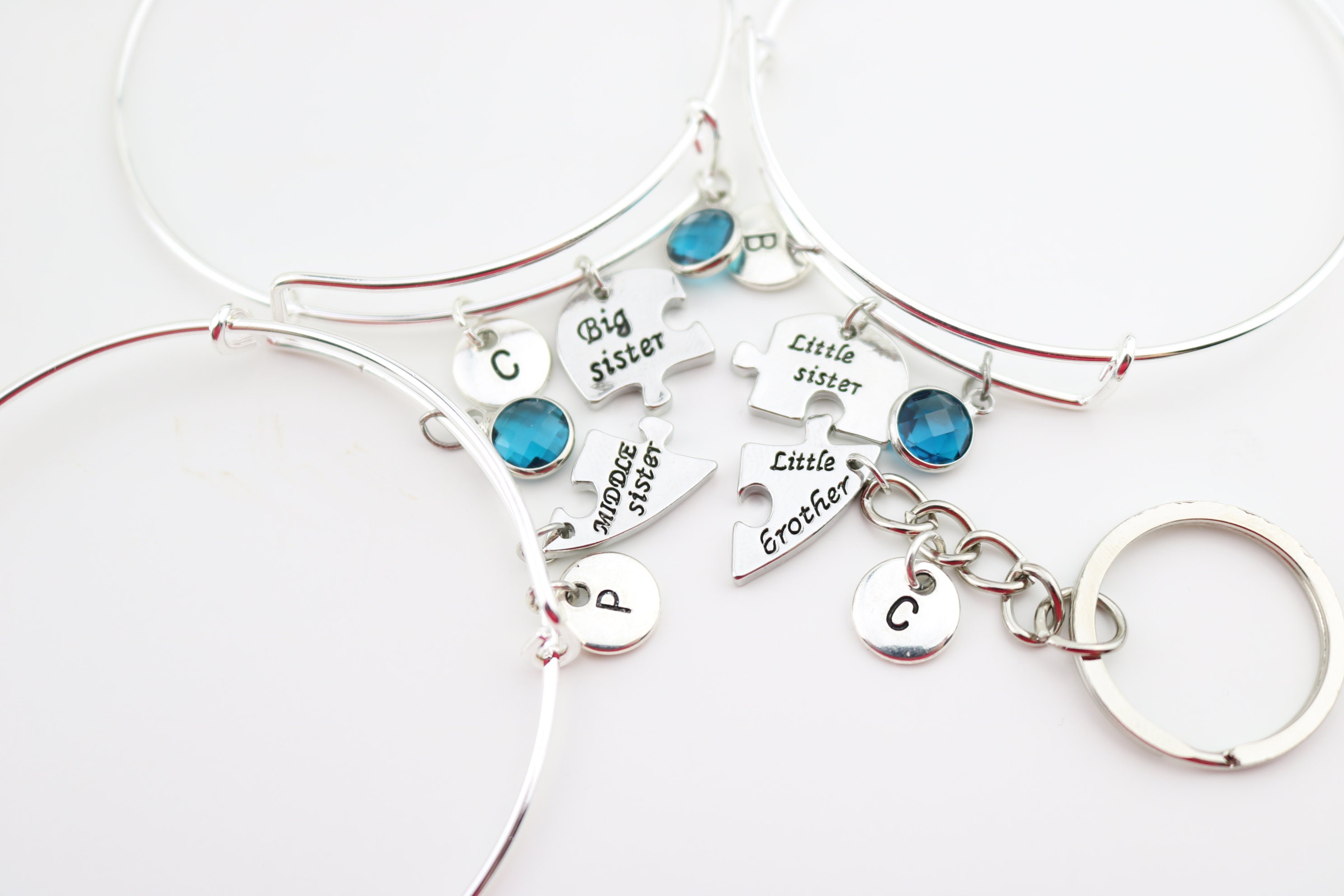 Personalized Sister Brother Bracelet Set of 4: Initial Charm Bangle ...