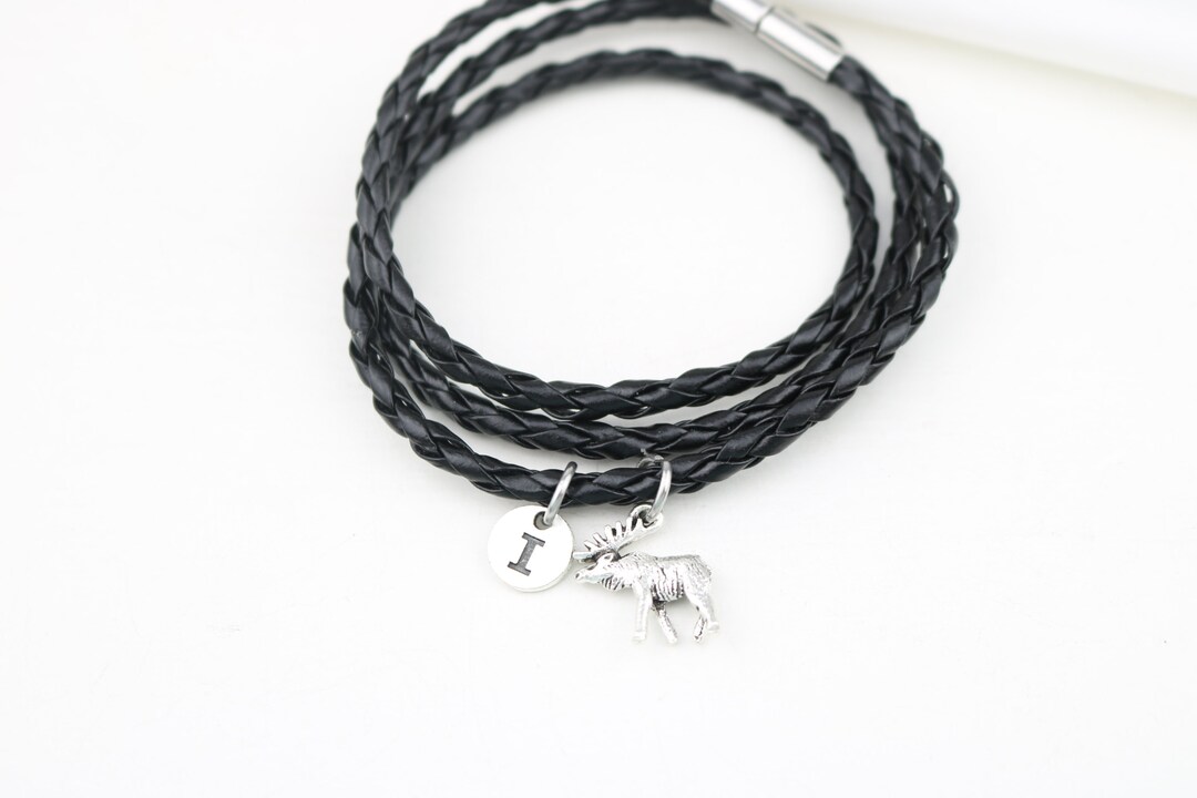 Moose Bracelet, Forest Animal Gift, Black Leather Wrap, Scandinavian ...