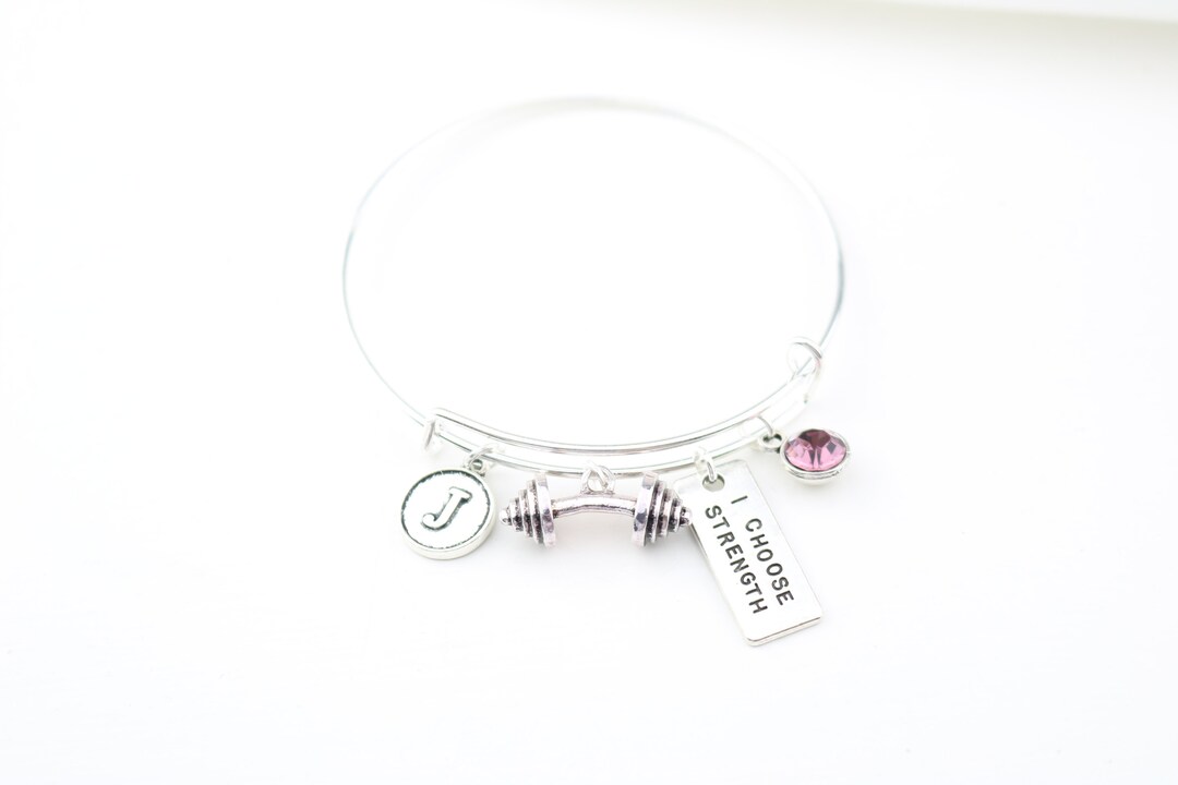 Fitness Dumbbell Charm Bangle Bracelet, Personalized Initial, Gym Gift ...