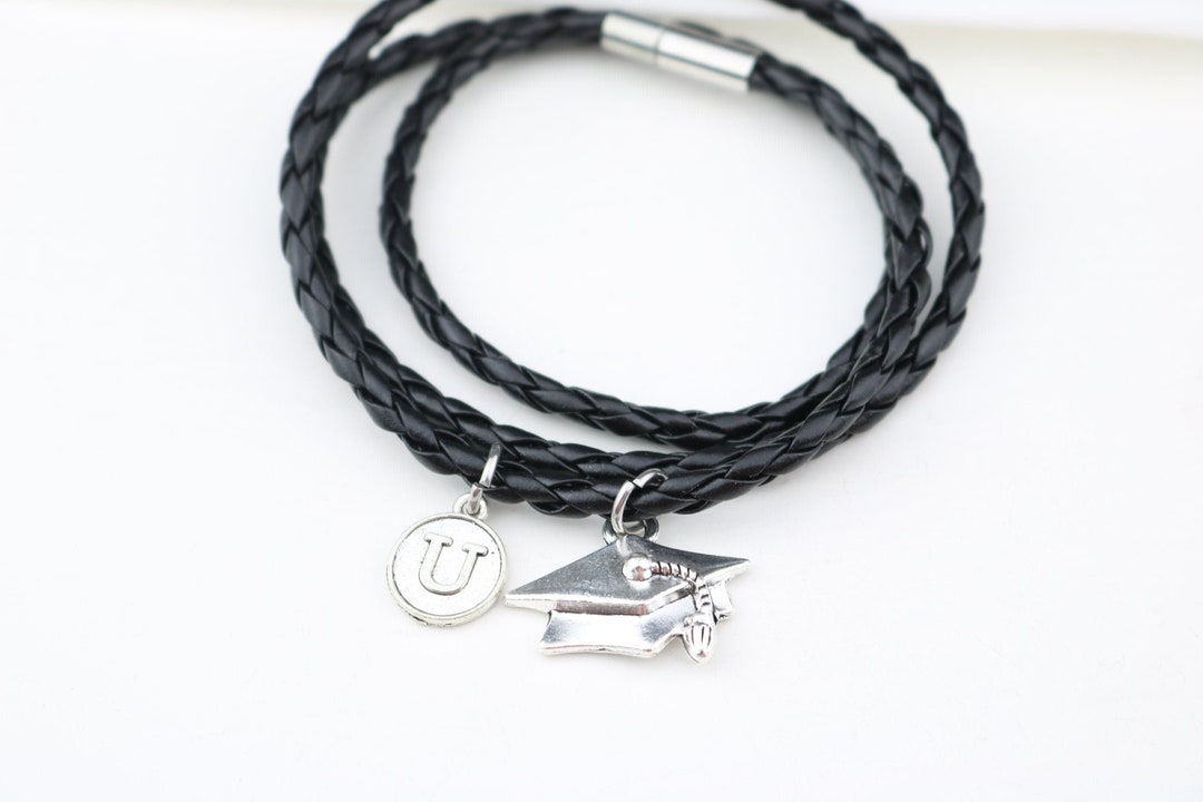 Personalized Graduation Bracelet: Black Leather Wrap, Initial Charm - Etsy