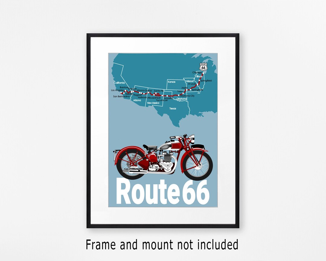 Route 66 Road Trip Map Poster - Motorcycle Art for Mancave Decor - Etsy
