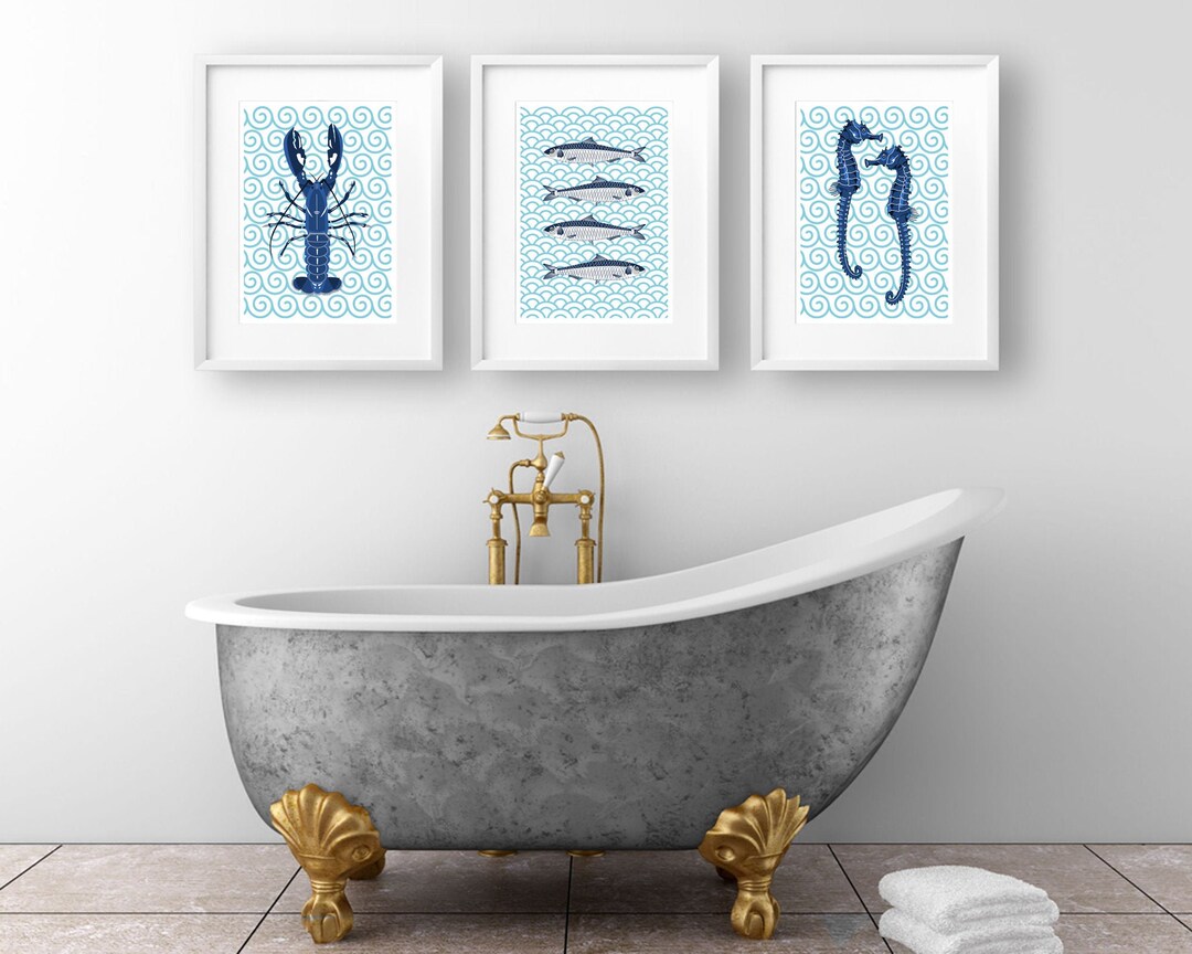 Set of 3 Fish Prints, Lobster Print, Sardines Print, Seahorse Print - Etsy