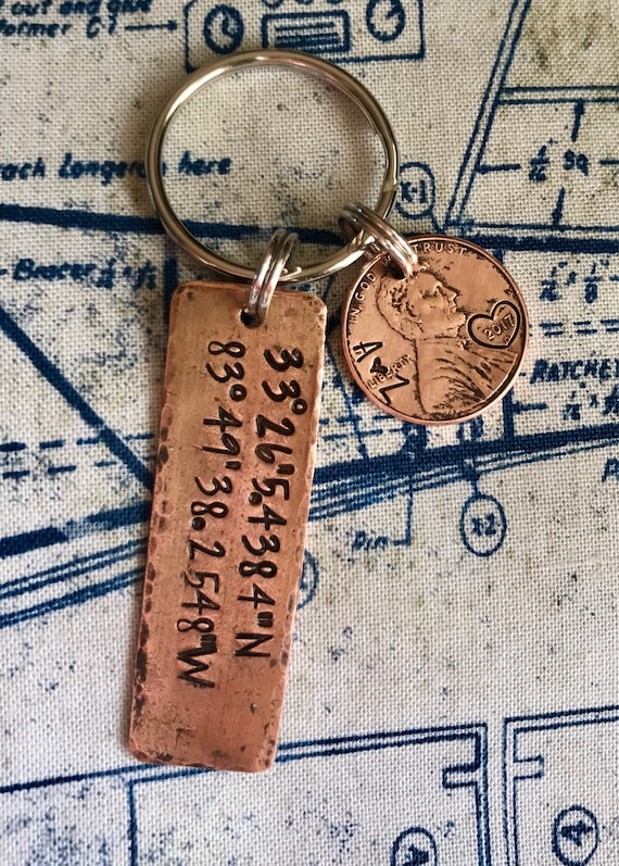 Latitude and longitude key ring coordinates hand stamped | Etsy