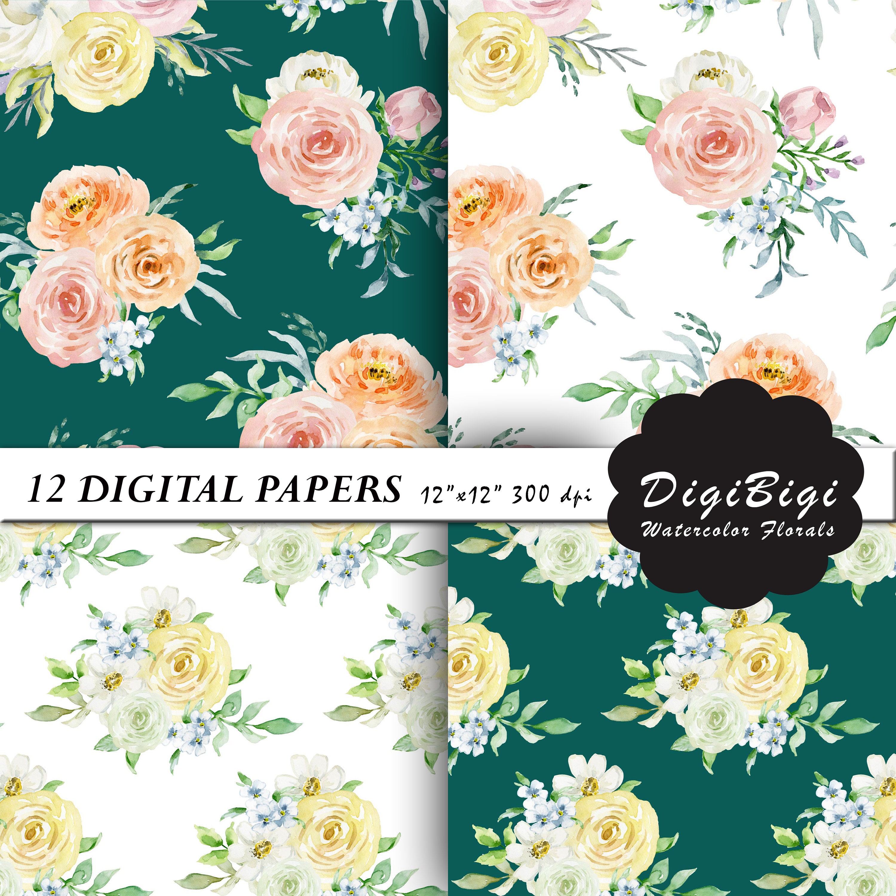 Watercolor Flower Digital Paper, Floral Digital Paper, Watercolor Roses ...