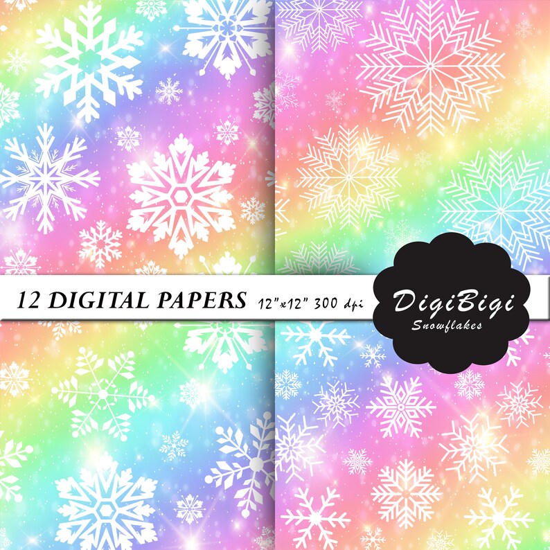 Unicorn Snowflake Digital Paper: Rainbow Christmas Scrapbook (12" X 12 ...