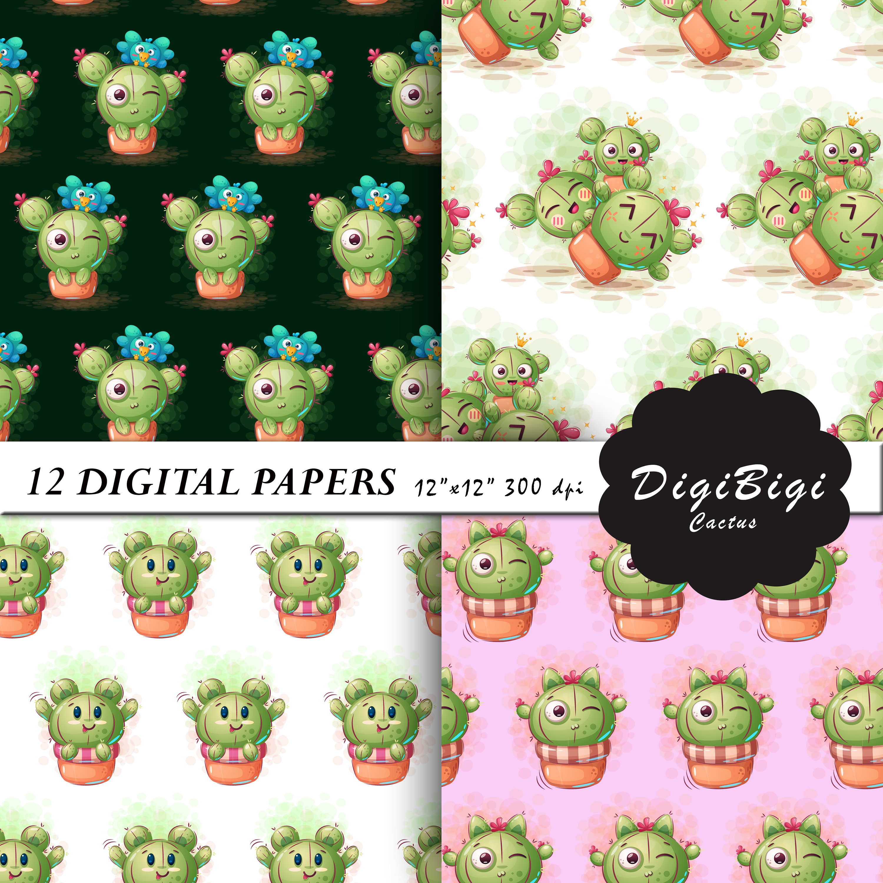 Cactus Digital Paper, Hand Drawn Cactus Digital Paper, Cactus Patterns ...
