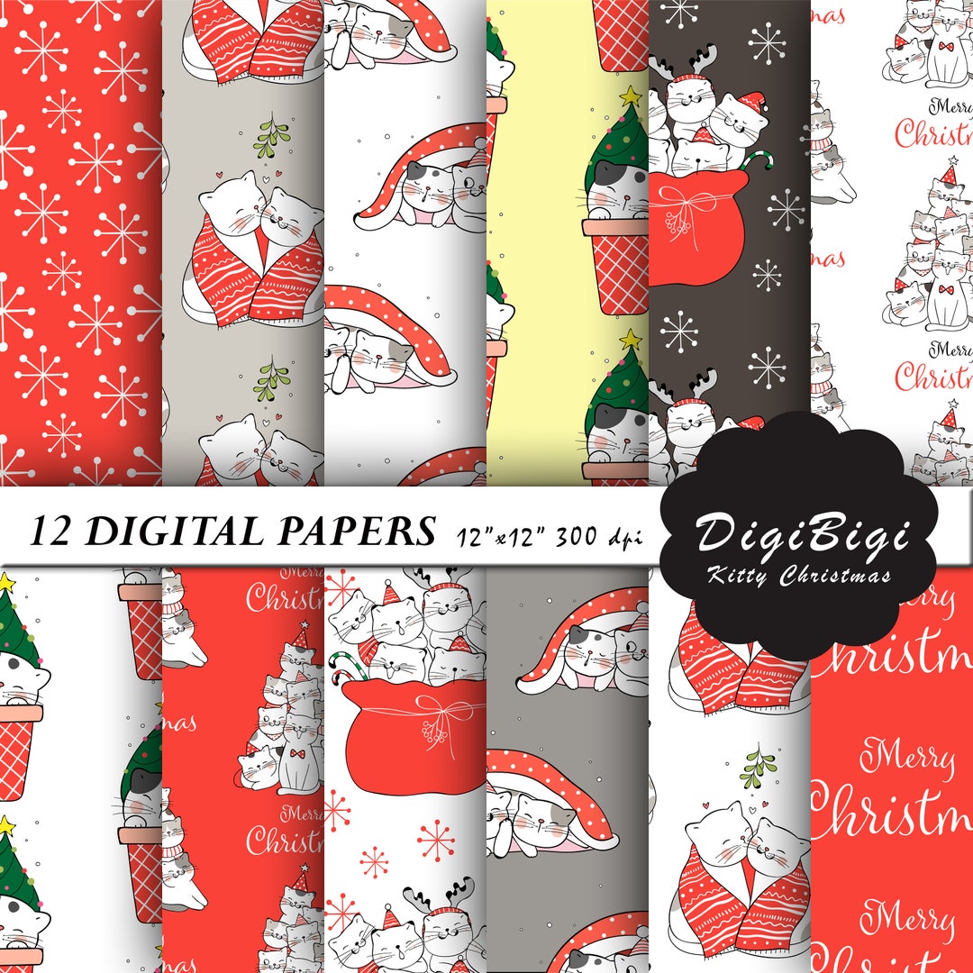 Christmas Digital Paper, Seamless Christmas Digital Paper, Cat ...