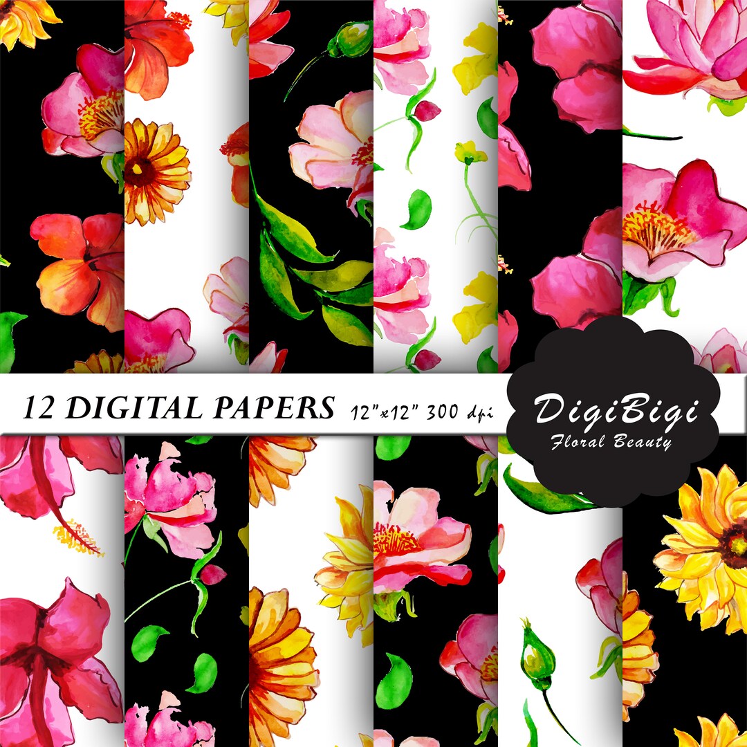 Watercolor Floral Digital Paper: Sunflower & Pink Flowers (digital ...