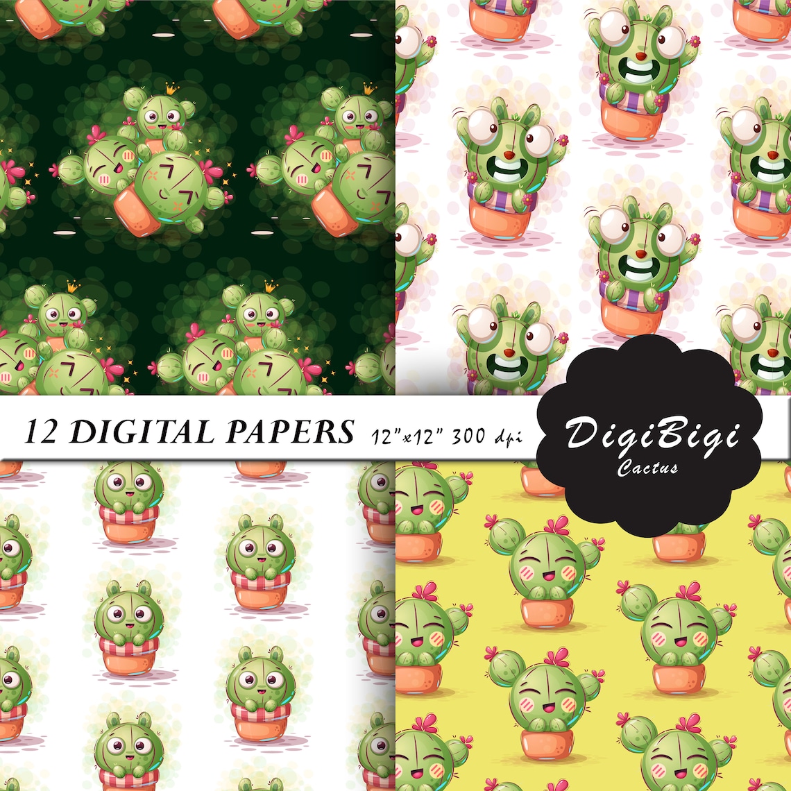 Cactus Digital Paper, Hand Drawn Cactus Digital Paper, Cactus Patterns ...